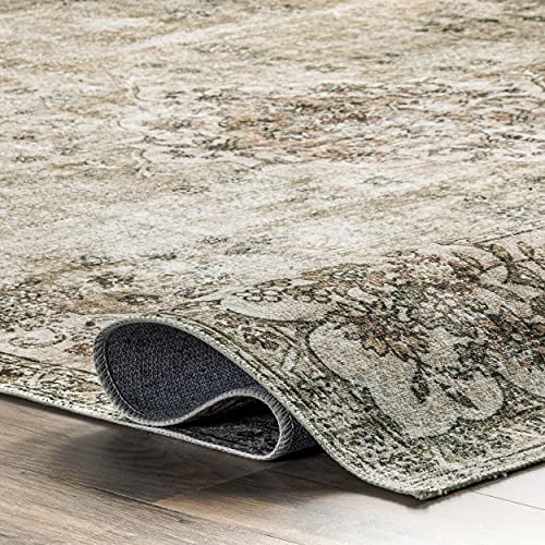 nuLOOM Paisley Machine Washable Faded Floral Border Medallion Ultra Thin Area Rug, 8' x 10', Beige