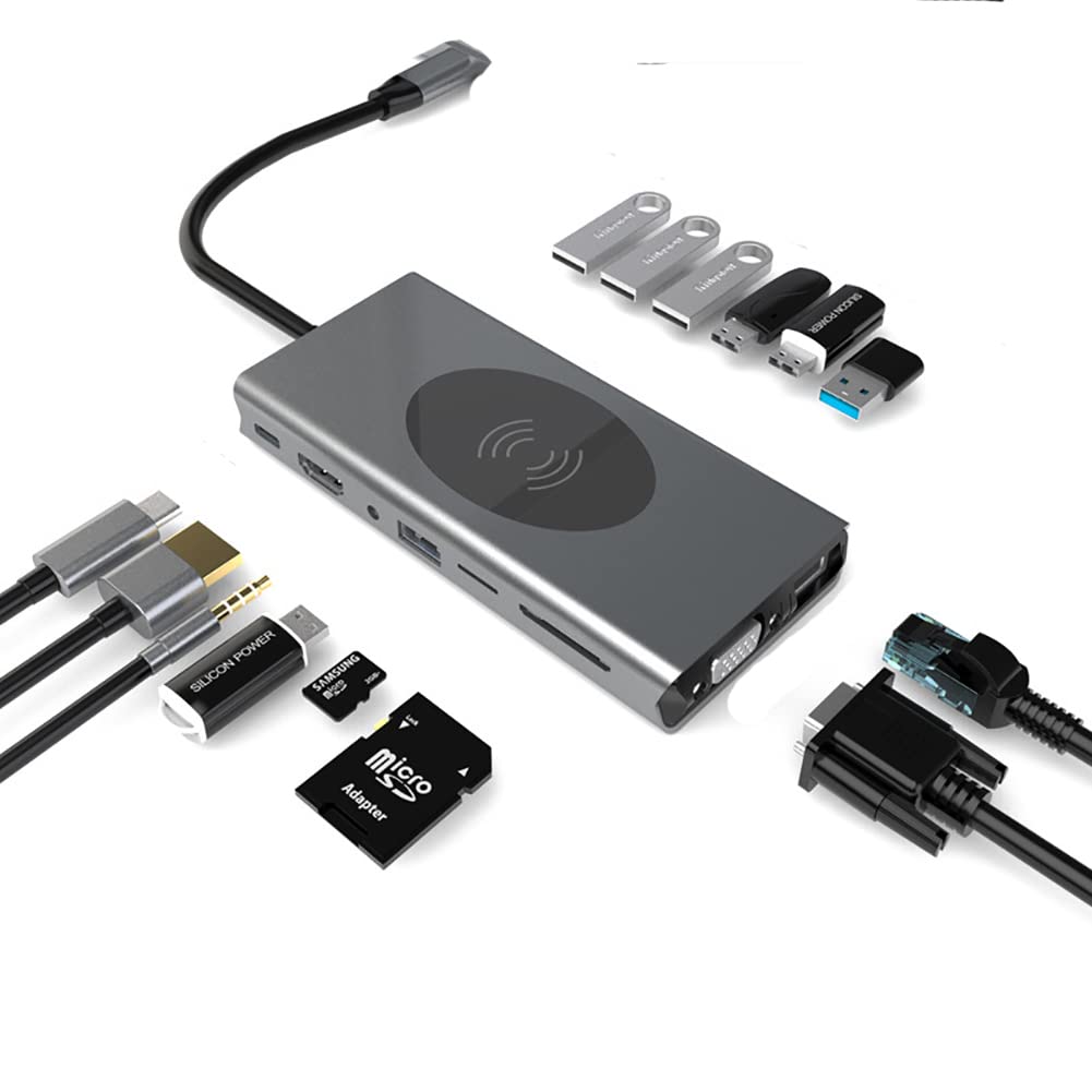 USB C Hub,USB-C Laptop Docking Station,15 in 1 Type C Adapter Compatible for MacBook and Windows(HDMI VGA PD3.0 SD TF Card Reader Gigabit Ethernet USB Ports)