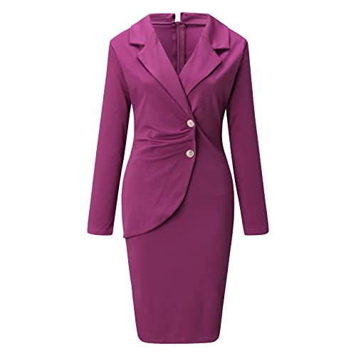 Pinkpaopao Women's Wrap Dress Solid Color Slim Button Bodycon Dress Deep V Neck Lapel Collar Ruched Long Sleeve Dress