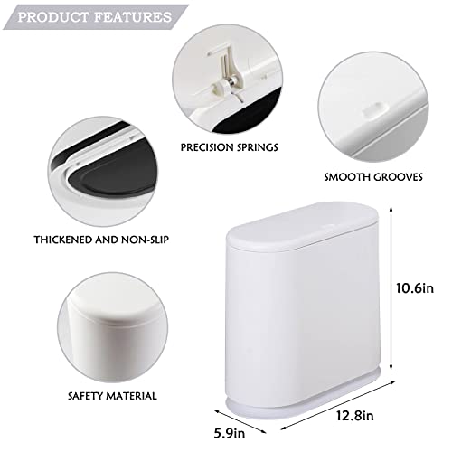 YISTOS 10 Liter Slim Rectangular Waste Bin, Wastebasket with Press Type Lid, 2.4 Gallon Garbage Baskets for Bathroom, Powder Room,Bedroom,Kitchen,Craft Room, Office-Grey Lid