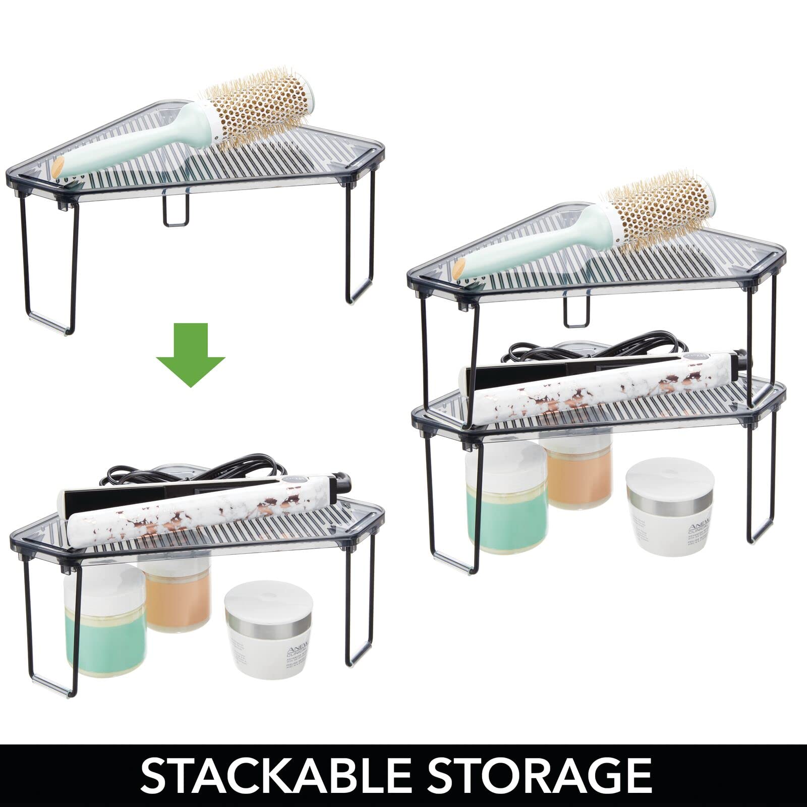 mDesign Plastic/Steel Corner Stackable Rack, Storage Organizer Shelf for Bathroom, Vanity, Countertop, Sink, Cabinet, Holds Makeup, Shower Accessories, Ligne Collection - Black/Smoke Gray