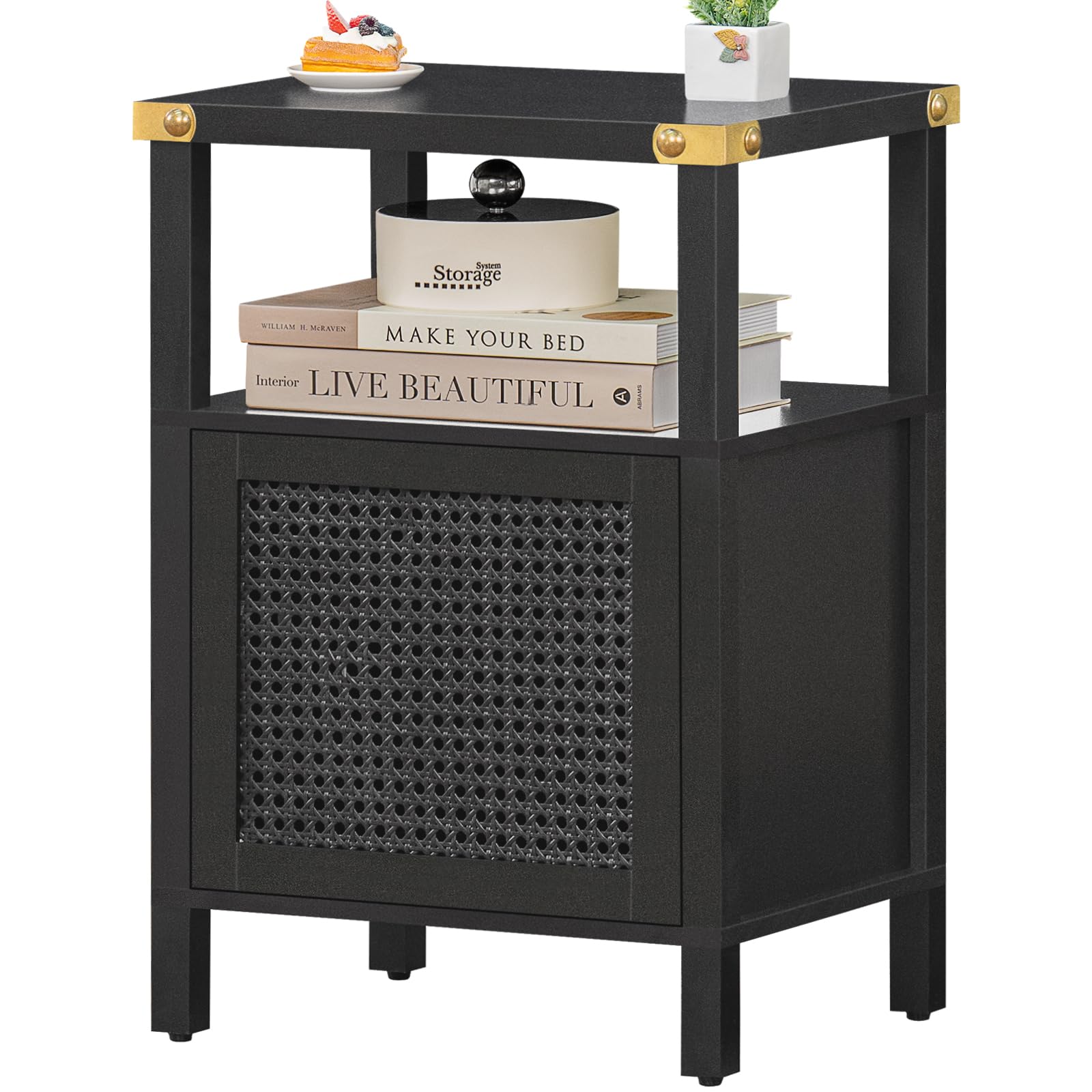 Lerliuo Nightstand Boho Side Table with Rattan Decorated Door, Wood Night Stand with Storage
