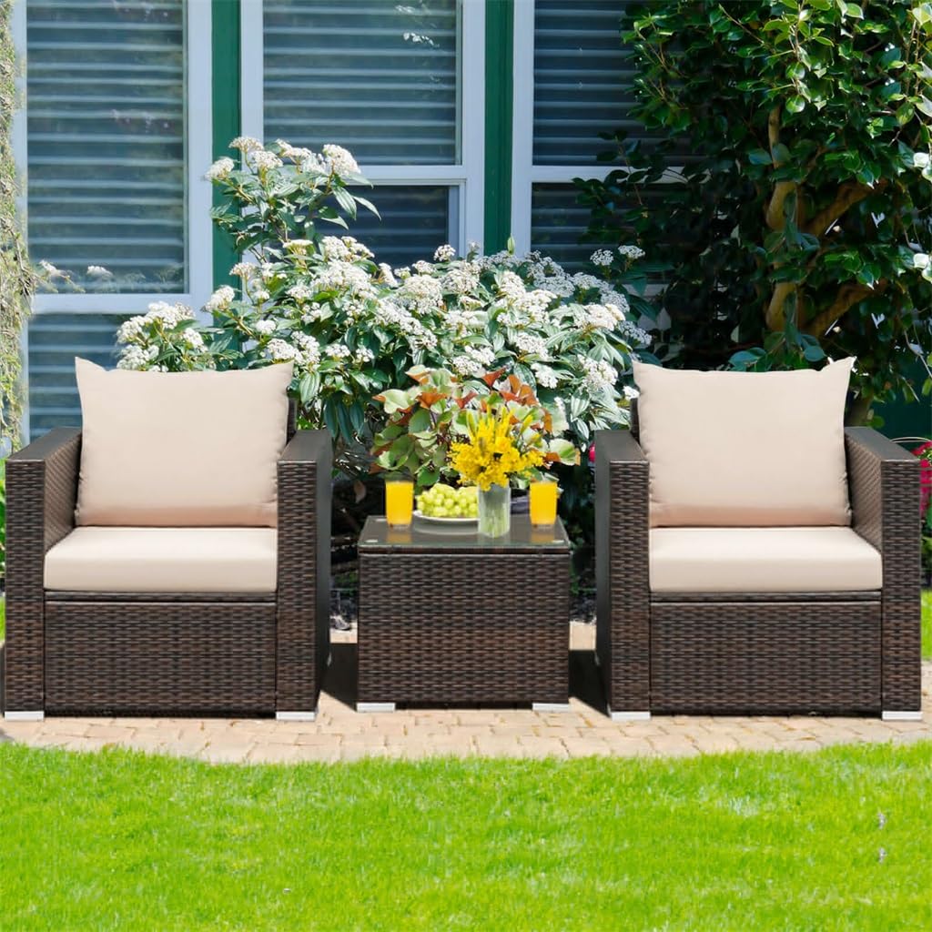LIUJUN 3PCS Patio Rattan Furniture Set Conversation Wicker Sofa Set W/Cushion Garden
