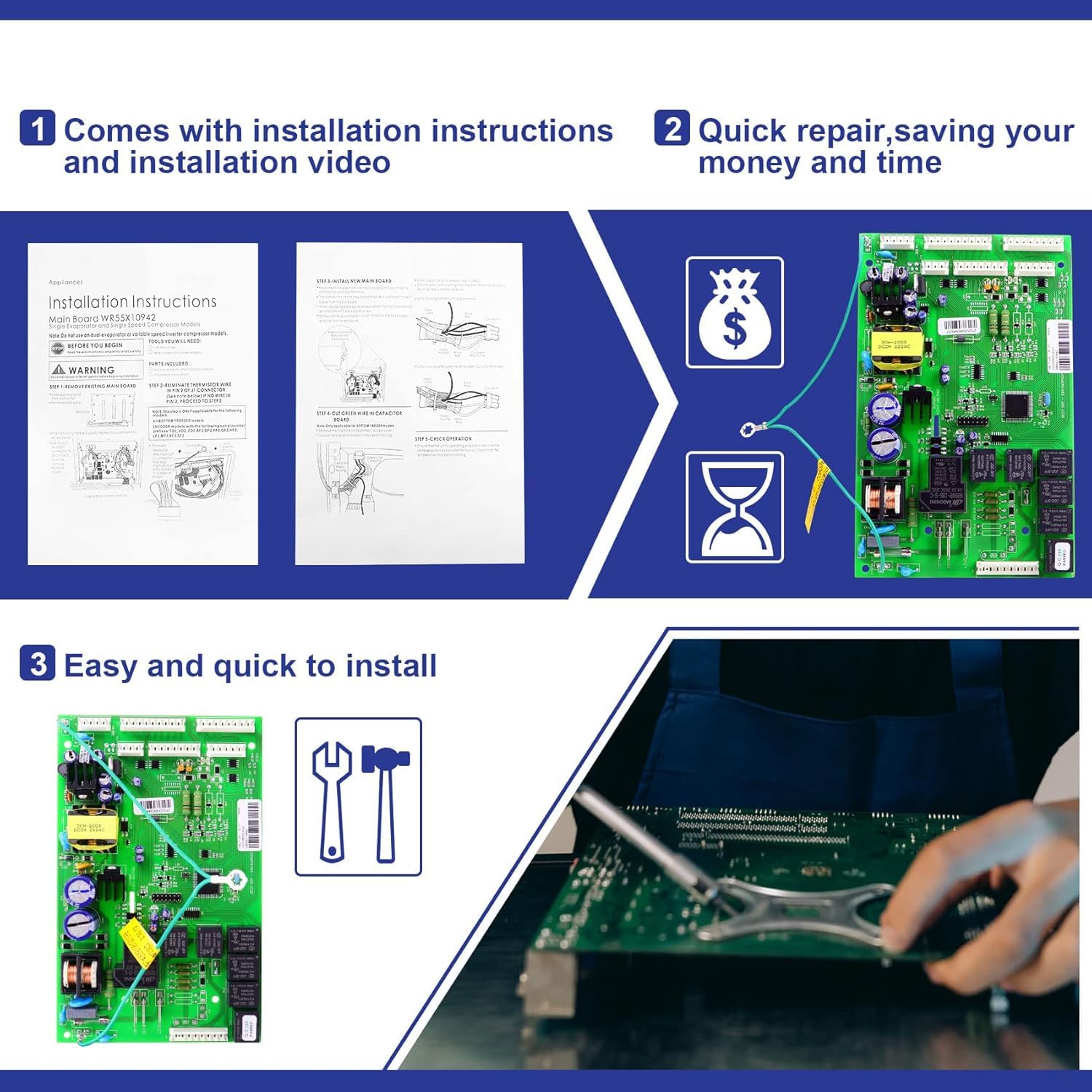 WR55X10942 Refrigerator Control Board Compatible with Ge Side by Side Refrigerator and Profile French Door Fridge Main Control Board Motherboard WR55X10942C, Repair PSI23SGRB SV