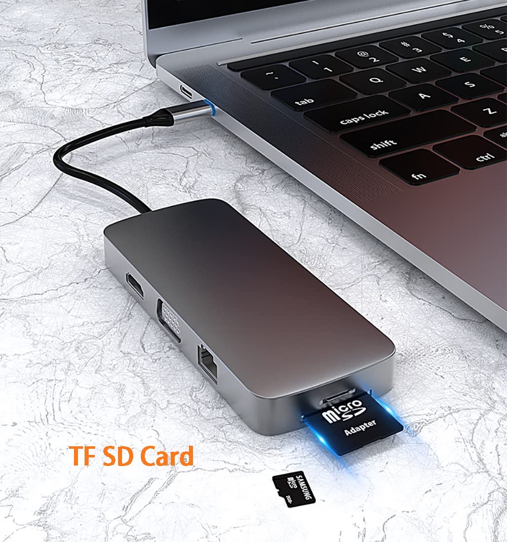 USB C Hub,USB-C Laptop Docking Station,10 in 1 Type C Adapter Compatible for MacBook and Windows(HDMI VGA PD3.0 SD TF Card Reader Gigabit Ethernet USB Ports)