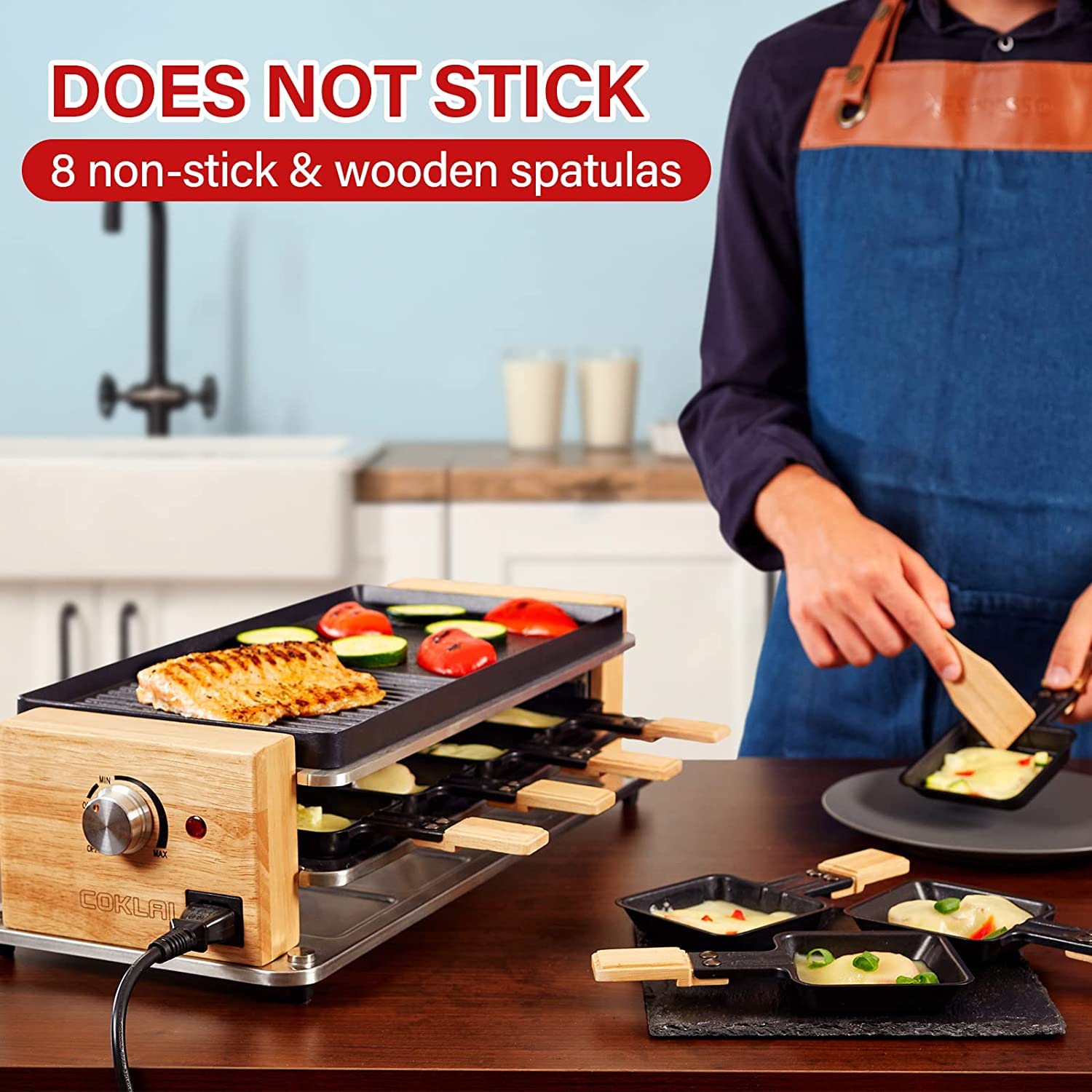 Raclette Table Grill, COKLAI Raclette Grill 8 Cheese Melter Pans 8 Spatulas Three-Tier Indoor Electric Grill, with Temperature Control and Removable Non-Stick Grillplate, Dishwasher Safe