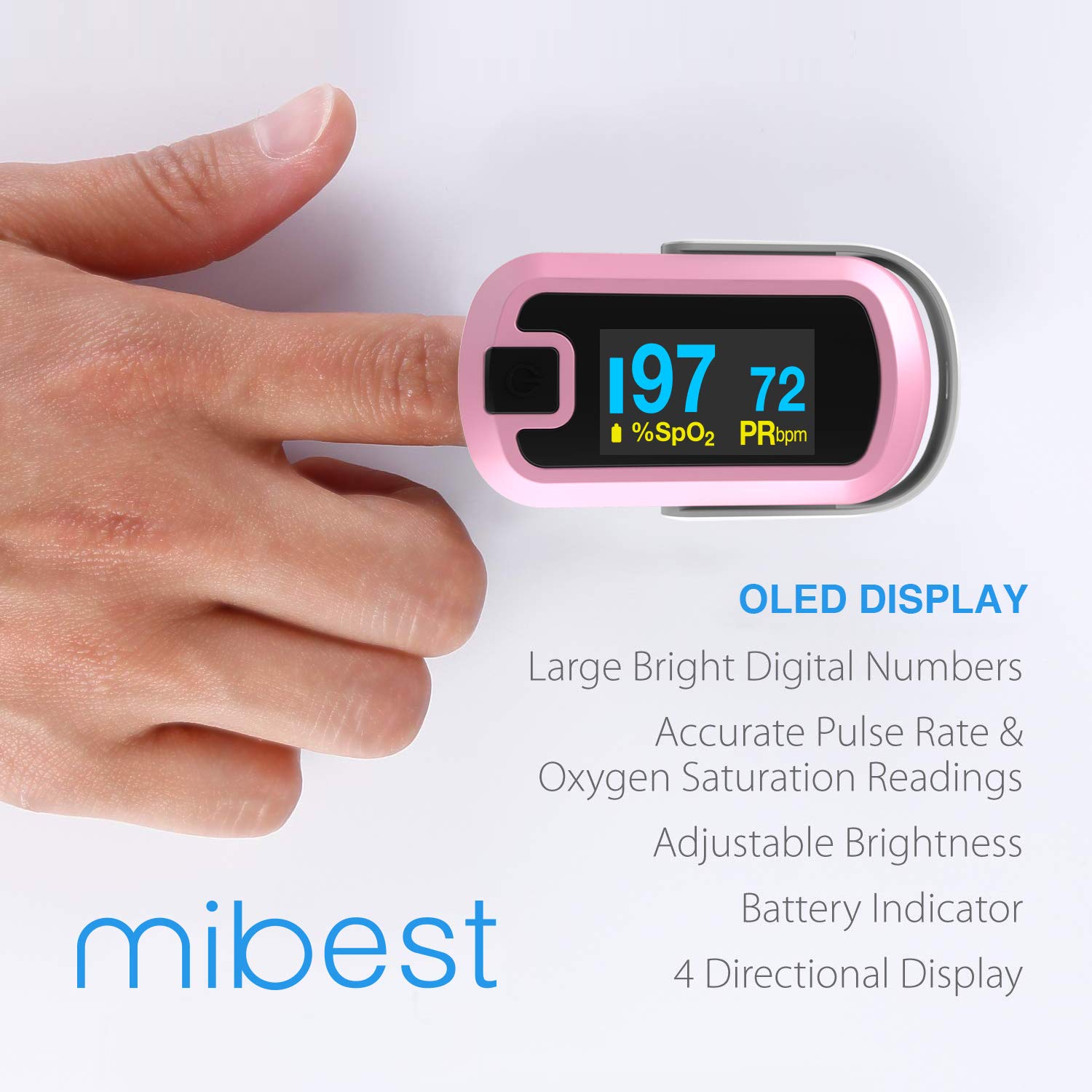 mibest OLED Finger Pulse Oximeter, O2 Meter, Dual Color White/Pink