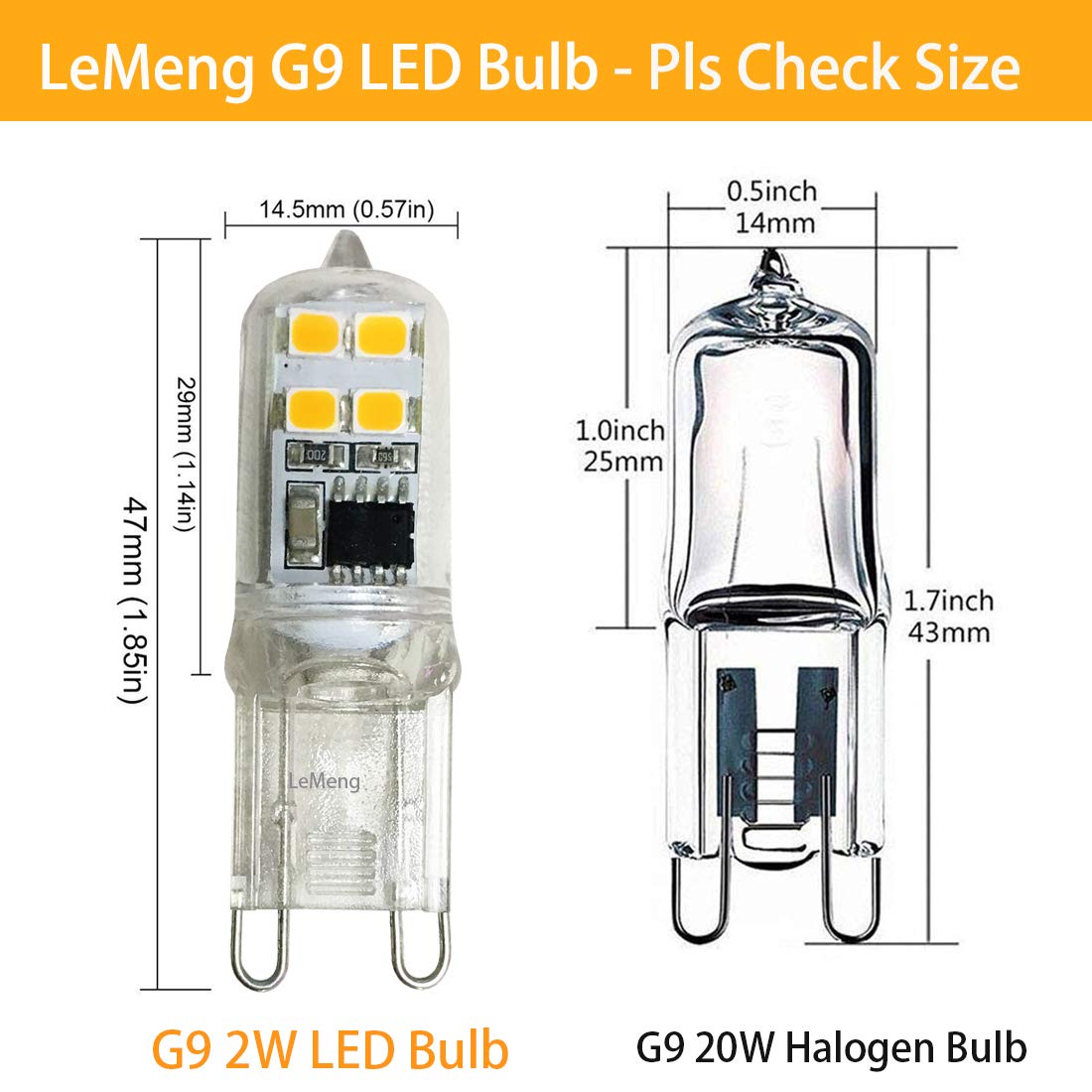 LEMENG G9 LED Light Bulb 2W, Mini Size 20W Equivalent 200LM, Warm White 2700K AC 120V Bi-Pin G9 Base LED Halogen Replacement Bulbs, Not Dimmable- 10 Pack