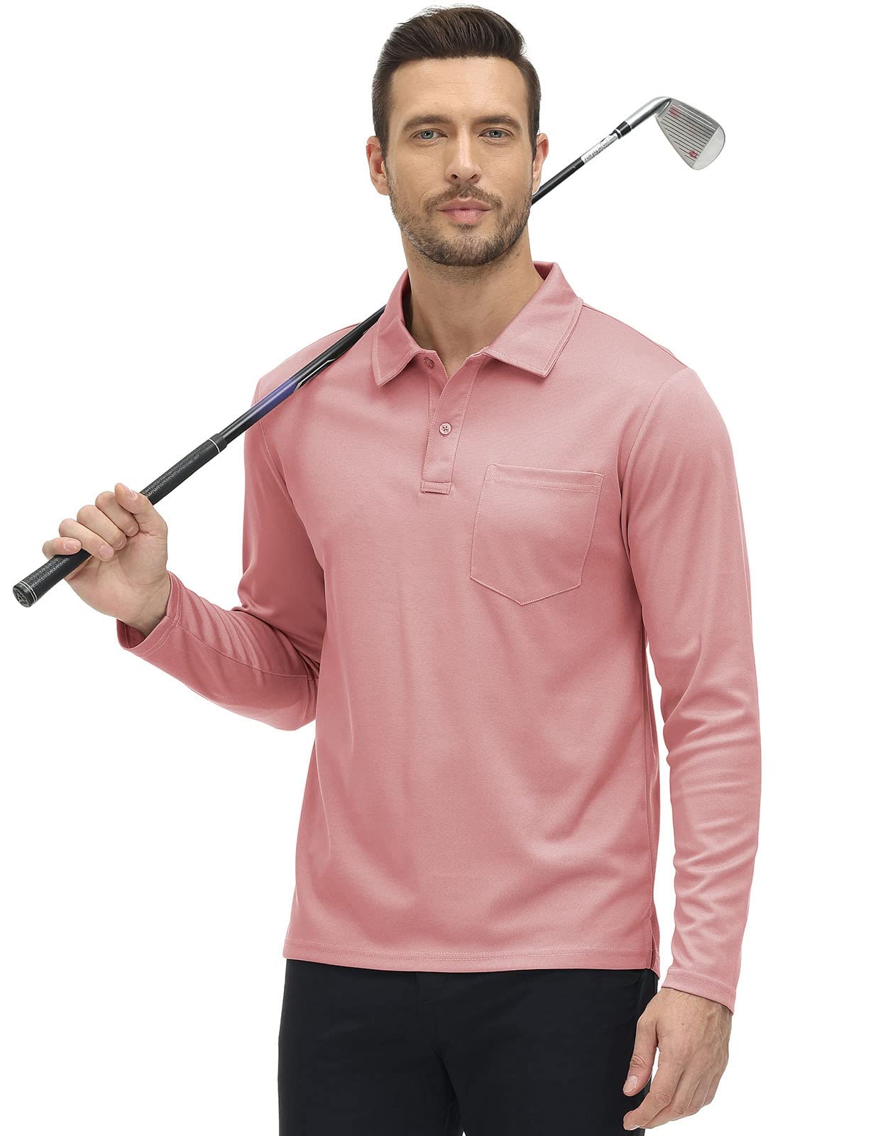 Rdruko Men's Long Sleeve Shirts with Pocket Quick Dry Outdoor Sports Polo(Pink, US M)