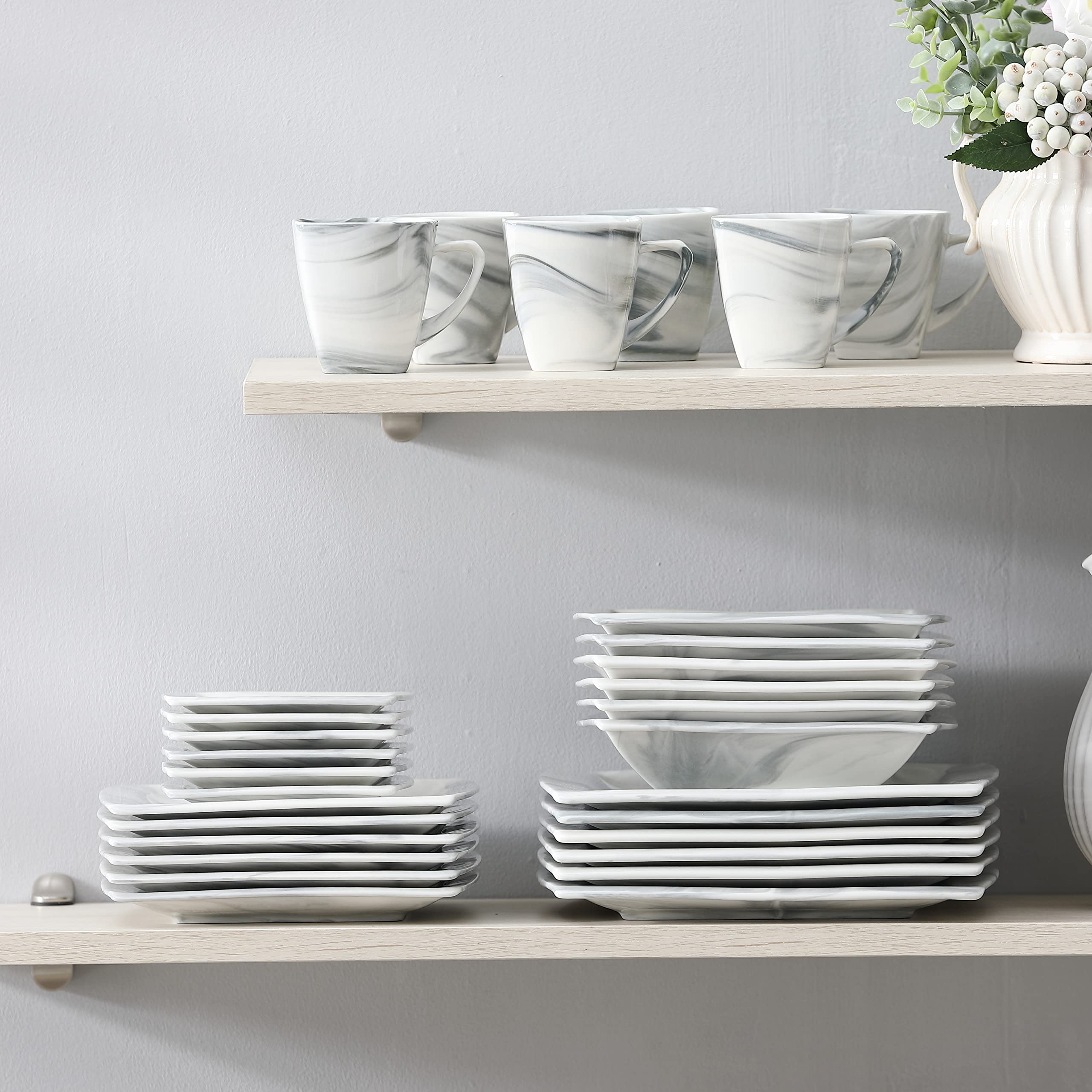 MALACASA Ivory White Dinnerware Set, 30-Piece Square Plates and Bowls Sets, Porcelain Dish Set with Dinner Plate, Dessert Plate, Soup Plate, Cup and Saucer, Dinnerware Sets for 6, Series Monica