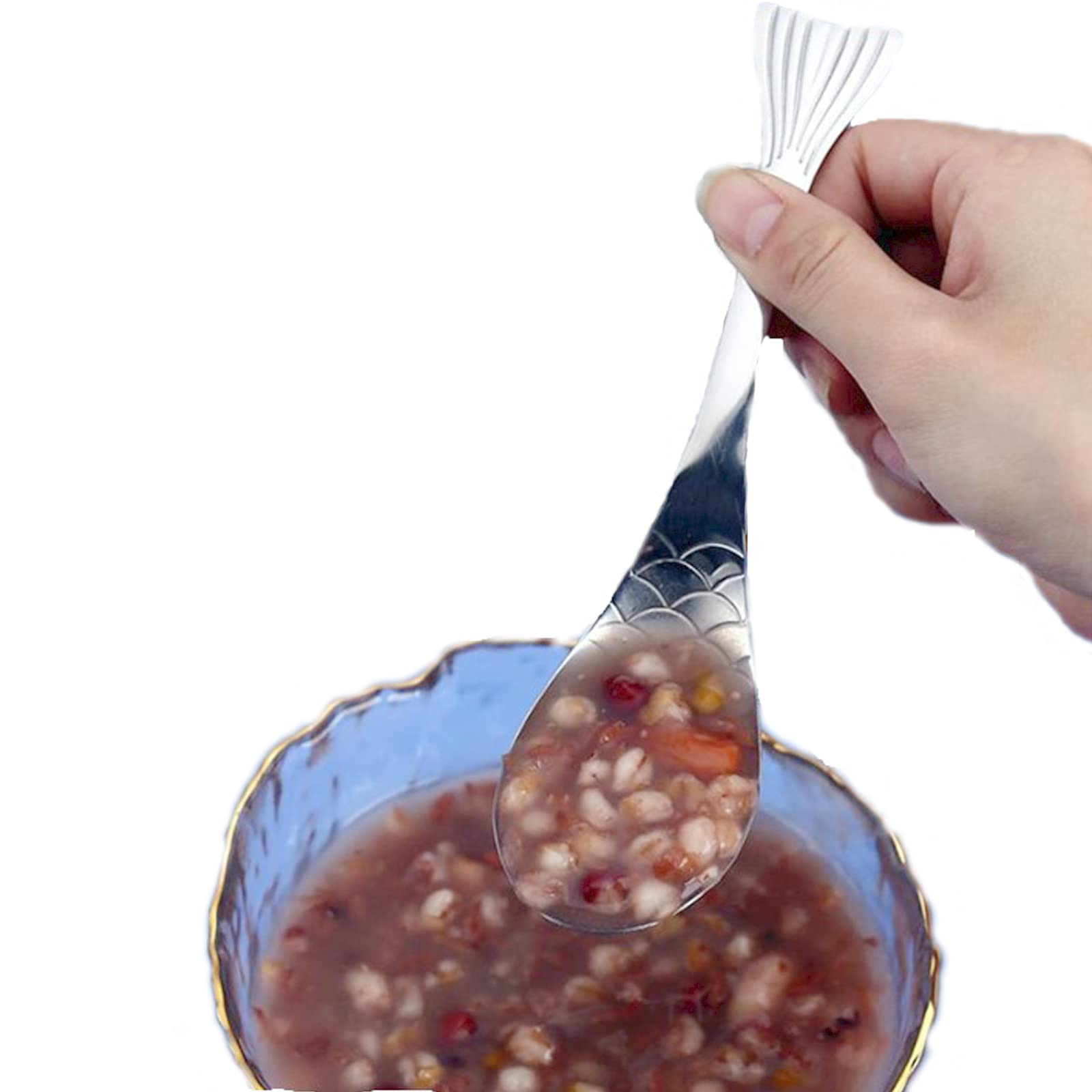 Pinenjoy 4Pcs Silver Fish Spoon 18/10(304) Stainless Steel Asian Soup Spoon Short Handle Spoon for Porridge Cereal Rice