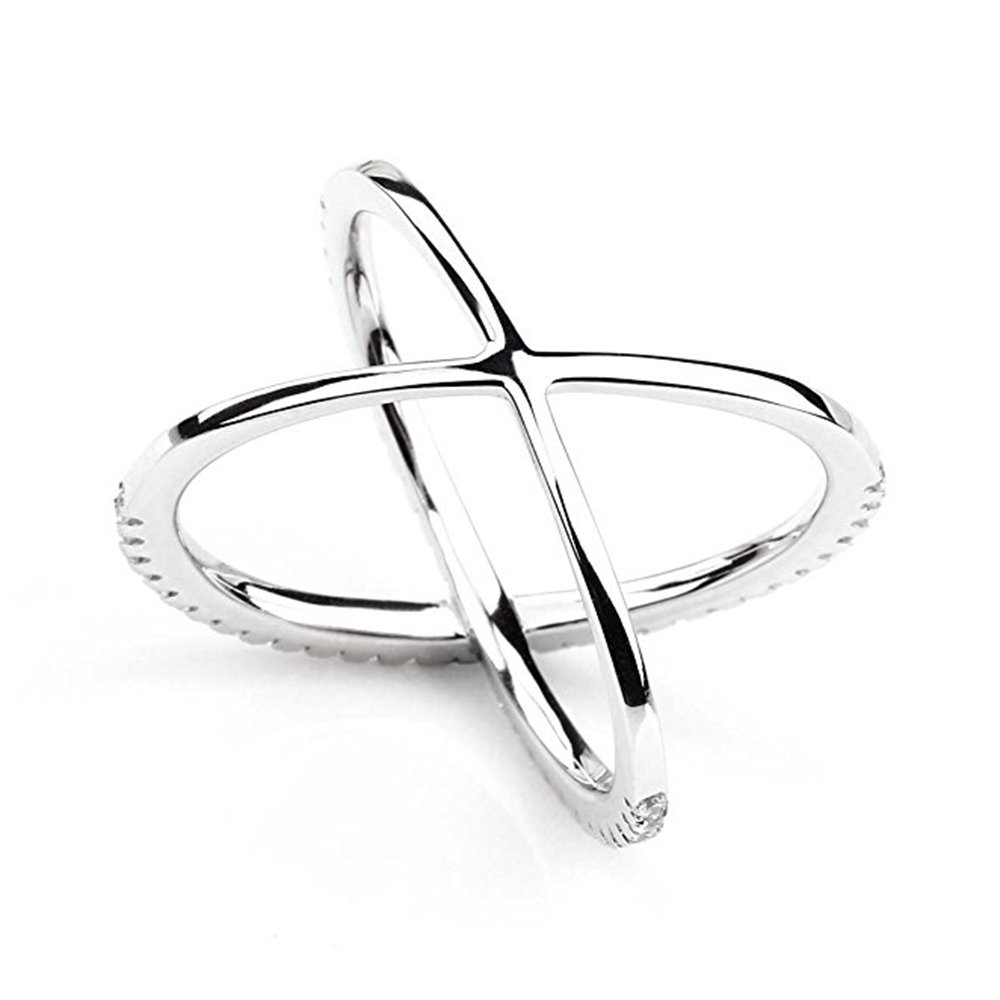 LEMON GRASS Womens Criss Cross Ring X Ring Micropave CZ Inlay in Silver Rhodium Plating Size 7