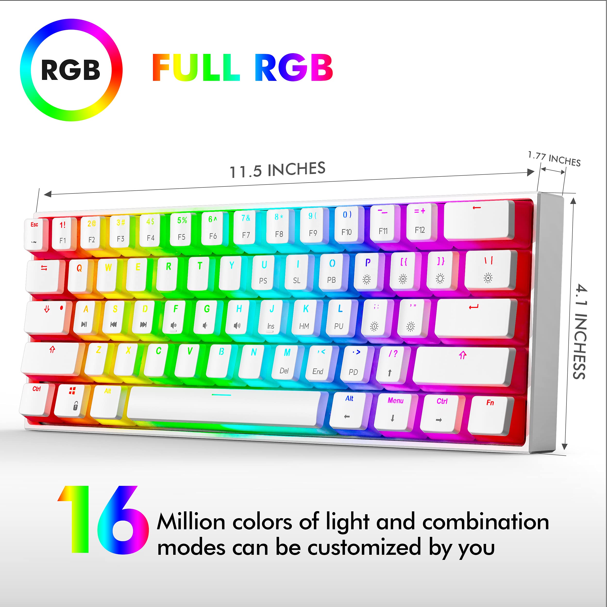 Ractous RTK61 60% Mechanical Gaming Keyboard RGB Backlit PBT Pudding keycaps 61key Ultra-Compact Wired Keyboard Programmable for PC/Mac Gamers,Hot-Swappable Gateron Optical Brown Switch (White)