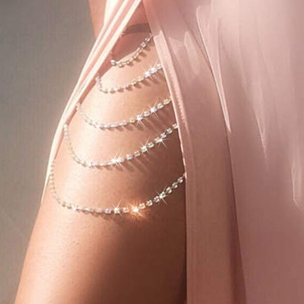 Reetan Boho Crystal Leg Chains Rhinestone Body Chain Rave Party Thigh Chain Body Jewelry Accessories for Women and GirlsïŒB-SilverïŒ