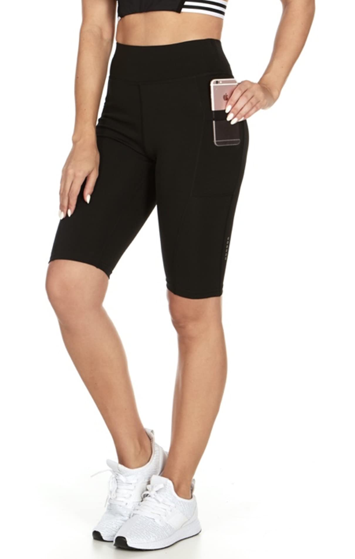 RAG Women's High Waist Biker Shorts Yoga Workout Running Compression Exercise Shorts Side Pockets (Black, M), Medium