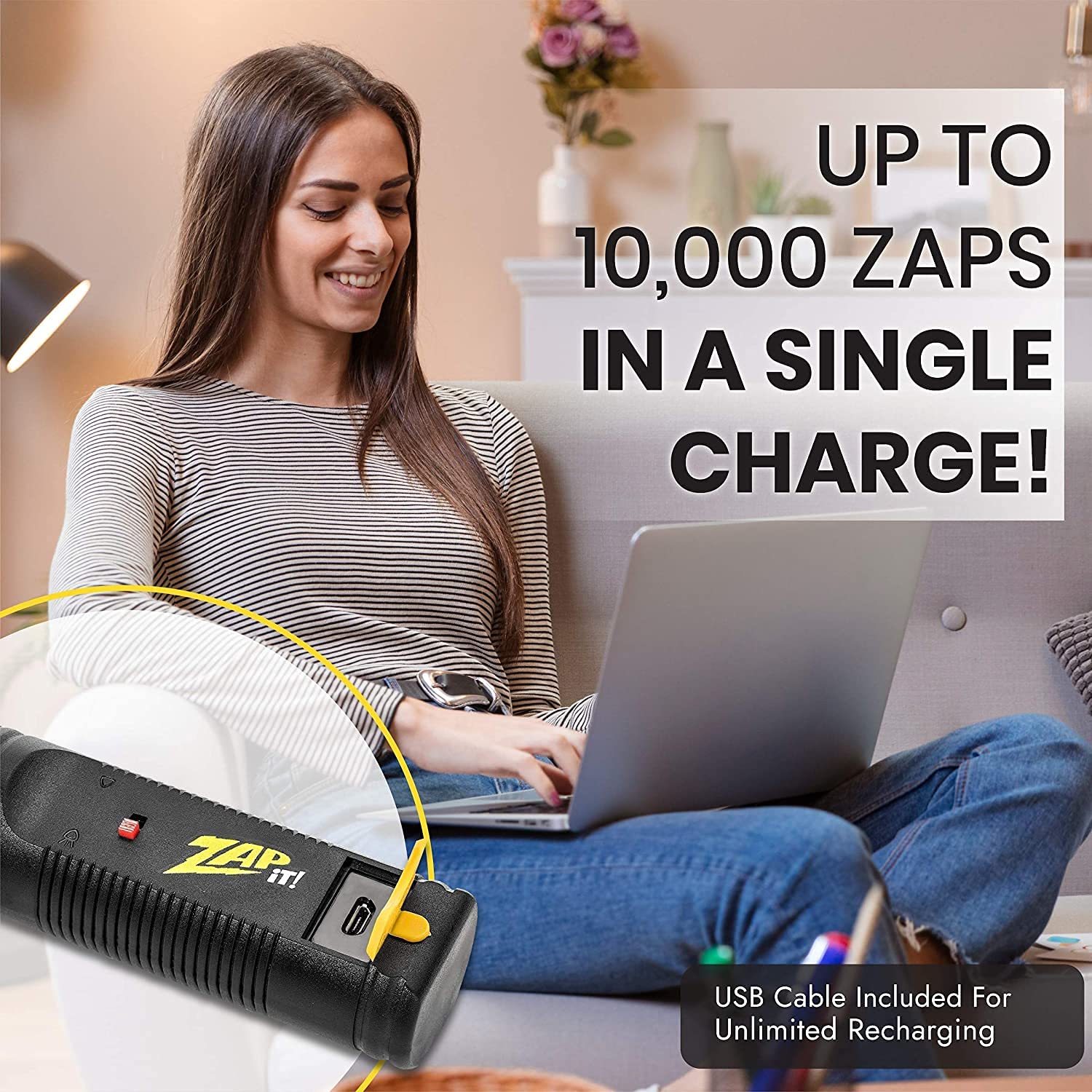 ZAP iT! Electric Fly Swatter Racket, Mosquito & Fly Zapper Racket - High Duty 4,000 Volt Electric Handheld Bug Zapper Racket - Fly Killer USB Rechargeable Indoor Safe - 2 Pack (Large, Yellow)