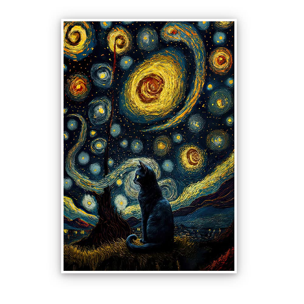 Lianxiaw The Starry Night Cat Canvas Wall Art Famous Oil Paintings Black Cat Poster Funny Cat Print Colorful Abstract Farmhouse Gallery Aesthetic Room Wall Decor for Bedroom 12x16in Unframed