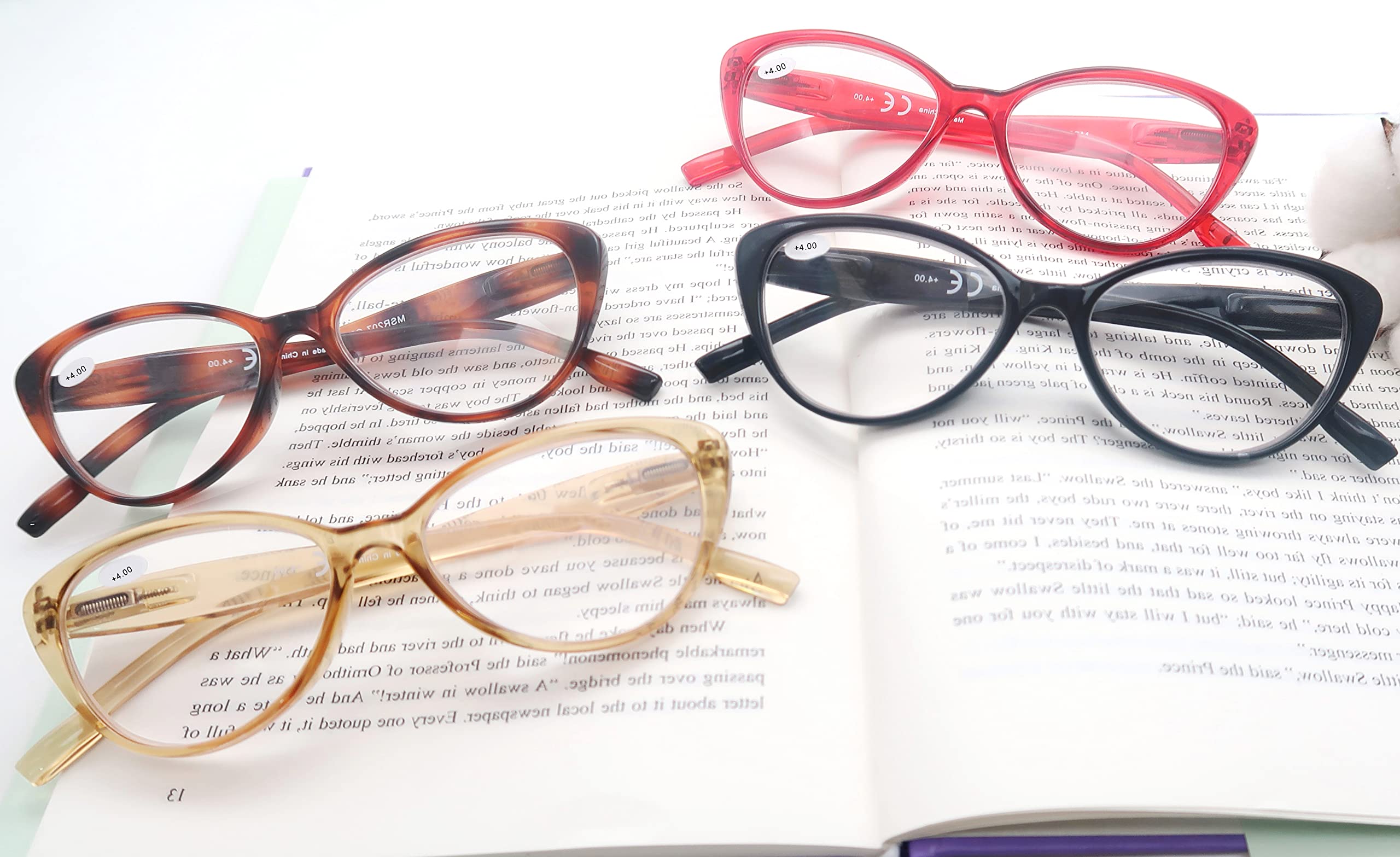 MODFANS 4 Pack Fashion Designer Cat Eye Reading Glasses 1.5 for Womens with Spring Hinge Stylish Comfortable Readers Blue
