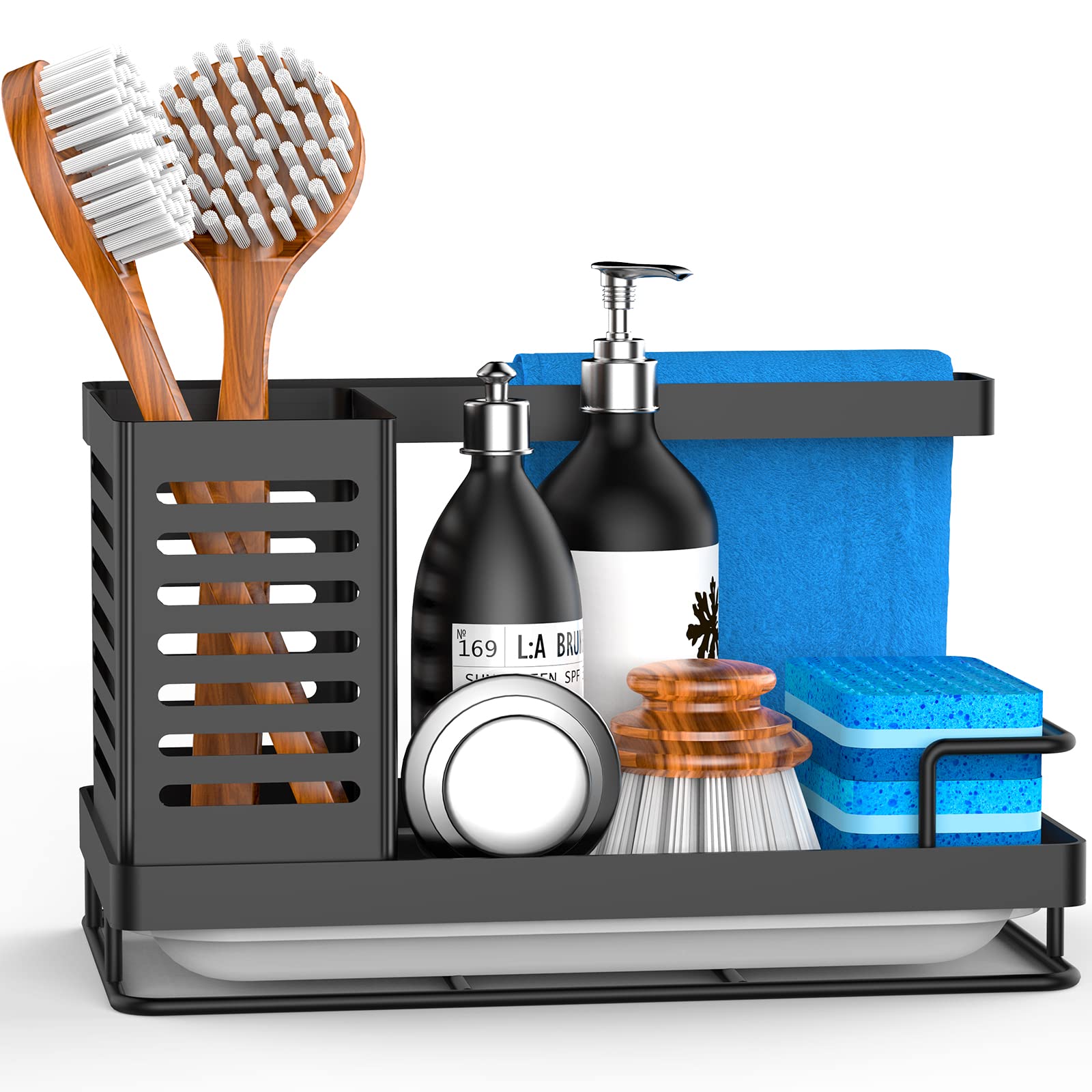 MURLONG Sink Caddy, Kitchen Sink Organizer Sponge Holder, Kitchen Sink Accessories Stainless Steel, Sink Brush Holder with Removable Drain Tray for Sponge, Dish Brush, Soap, Scrubber, Dishcloth