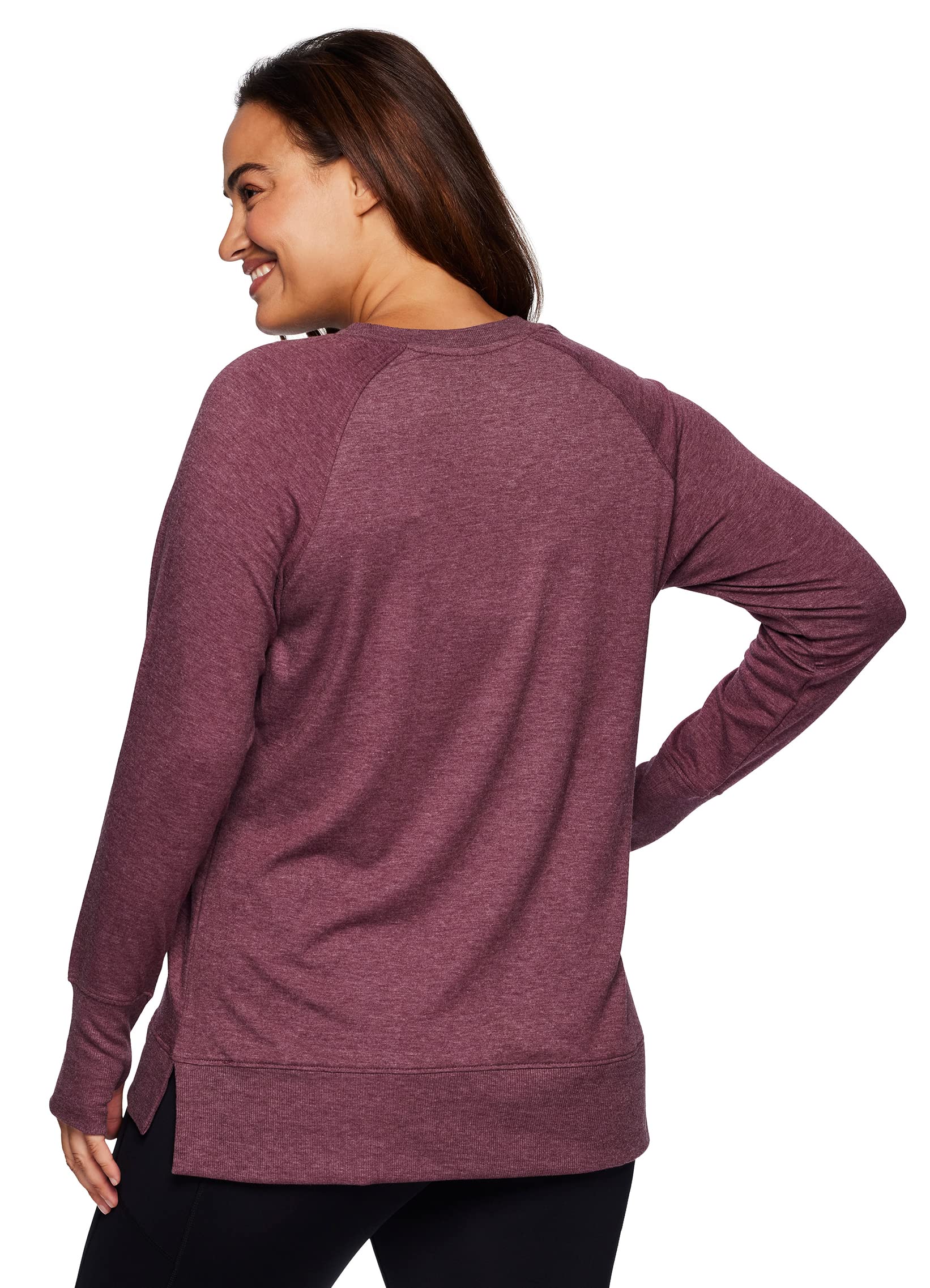 RBX Active Women's Plus Size Fashion Yoga Long Sleeve Crewneck Relaxed Fit Lightweight French Terry Pullover Tunic Solid Dark Red 1X