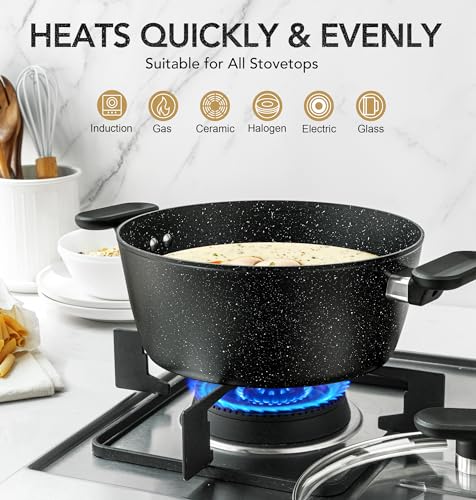 MICHELANGELO 4 Quart Cooking Pot with Lid, Nonstick Stock Pot, Granite Soup Pot with Lid, Induction Pot with Stay-cool Handle, 4 Qt Stockpot Non Stick Pot Black