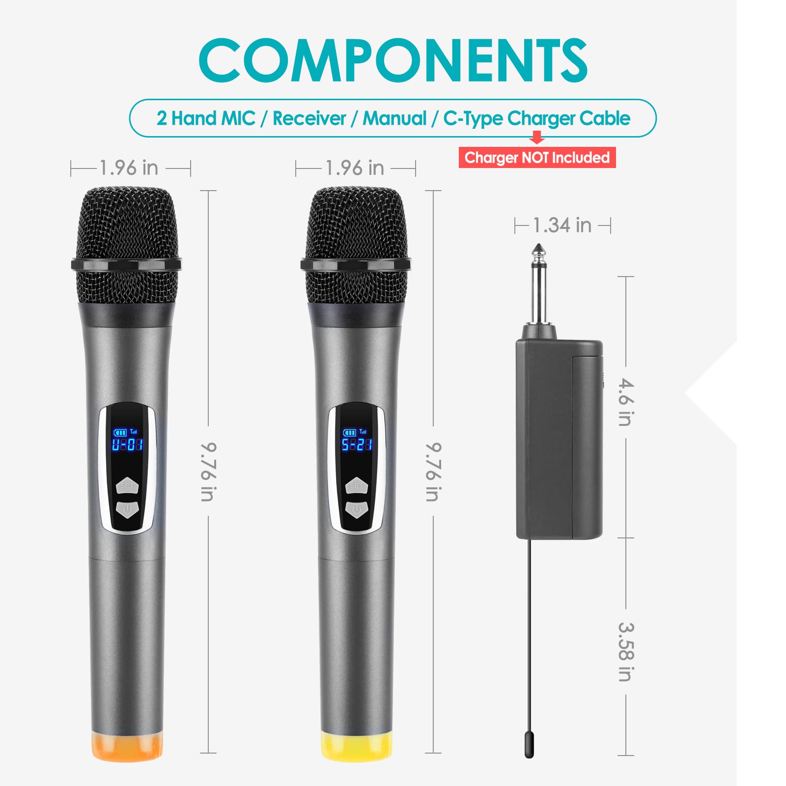 miracle,m M900HA - Bluetooth Wireless Microphones, UHF Metal Dual Handheld Dynamic Mic Karaoke System with Rechargeable Receiver