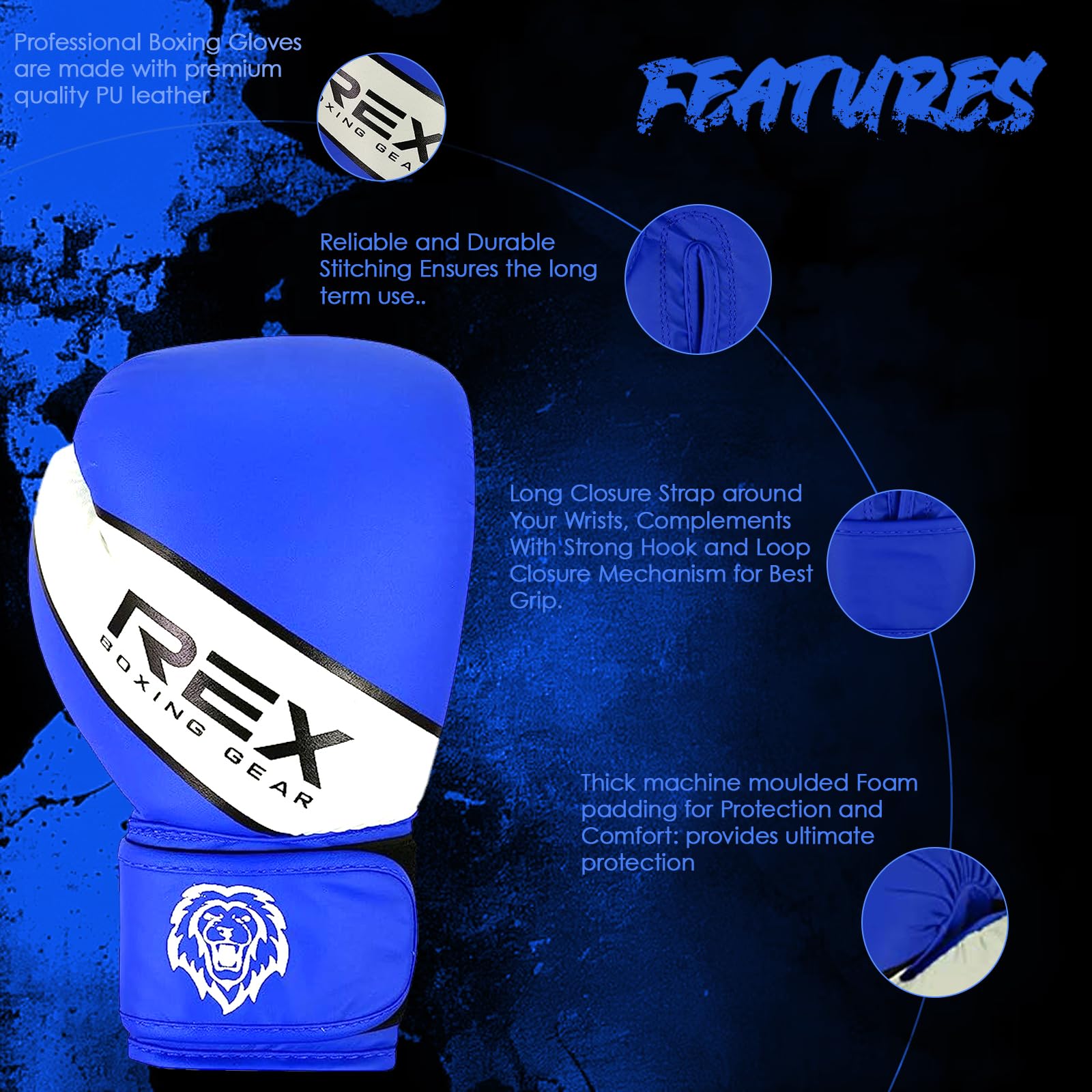 Rex Boxing Gloves for Kids & Adult- Premium Quality PU Leather Training Gloves for Enhanced Performance and Protection with Ventilated Palm (Blue, 16oz)