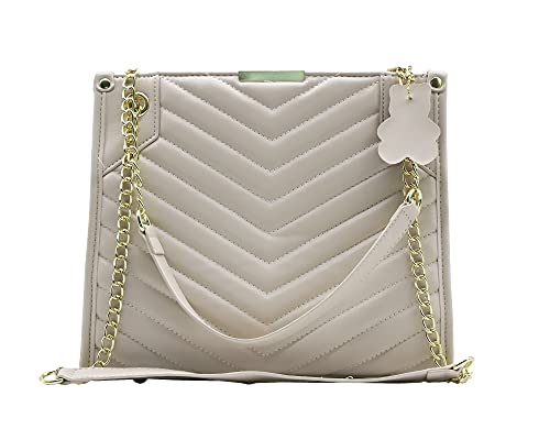 Quilted Shoulder Bag leather handbag designer Crossbody tote purse with Chain Strap for women Beige