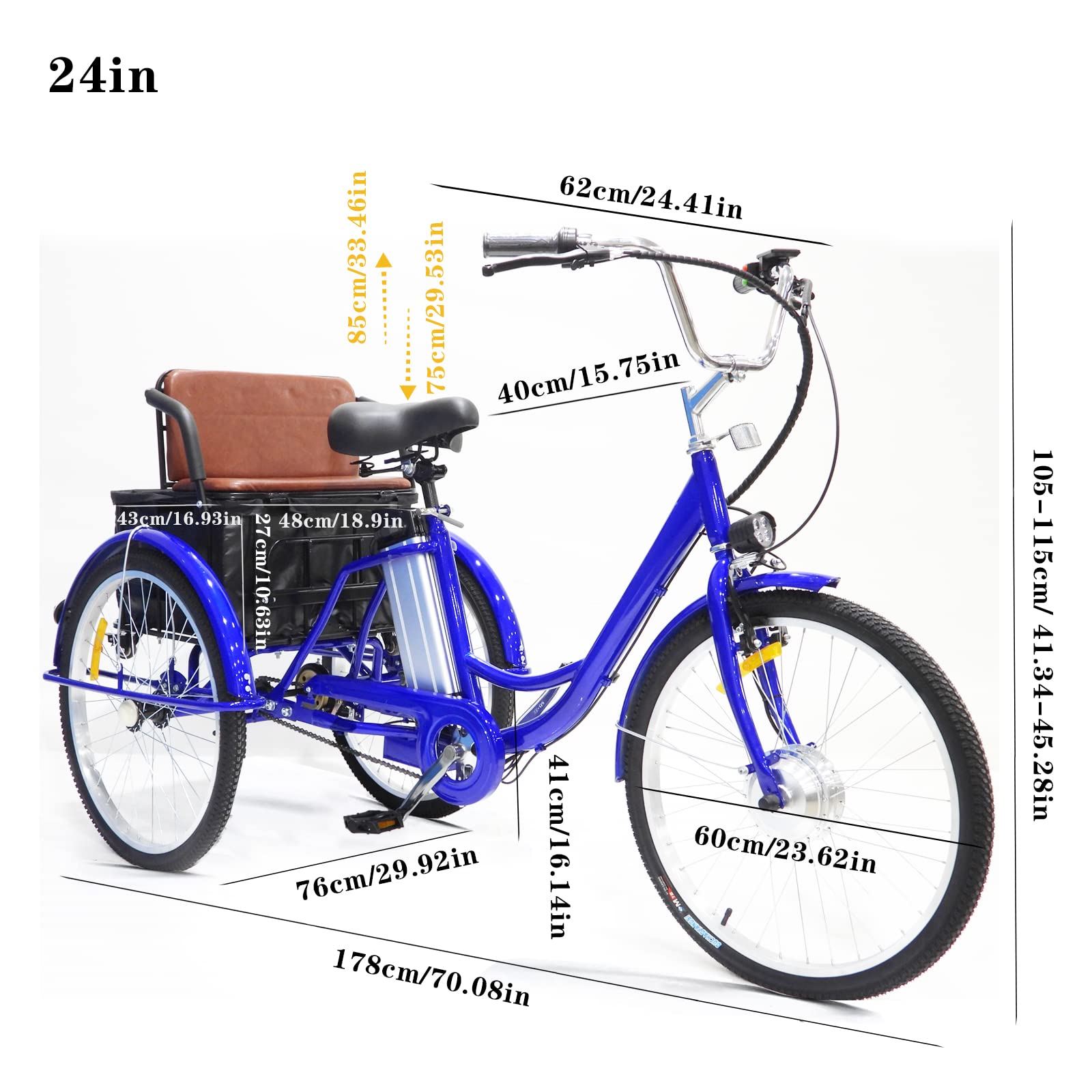 TMIAD 3 Wheel Electric Bicycle 24" Tricycle for Adults with 350w Motor and 36V 12Ah Removable Lithium Battery, Low Step-Through Aluminum Frame, Cargo Basket (Blue 2)