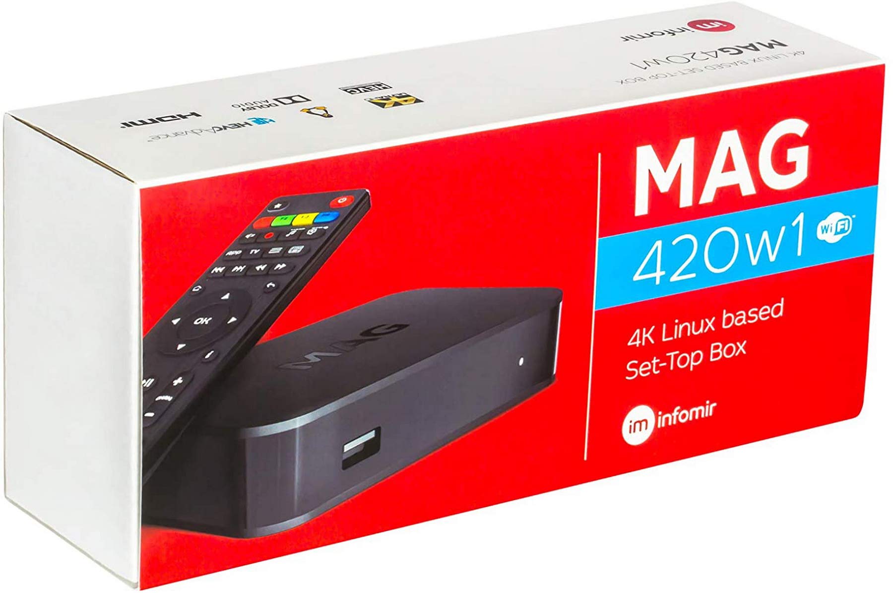 MAG 420w1 4K and HEVC Support, 512 MB RAM, 512 MB NAND, USB × 2 pcs. (3.0, 2.0), Built-in Wi-Fi, Linux OS, HDMI and RCA outputs