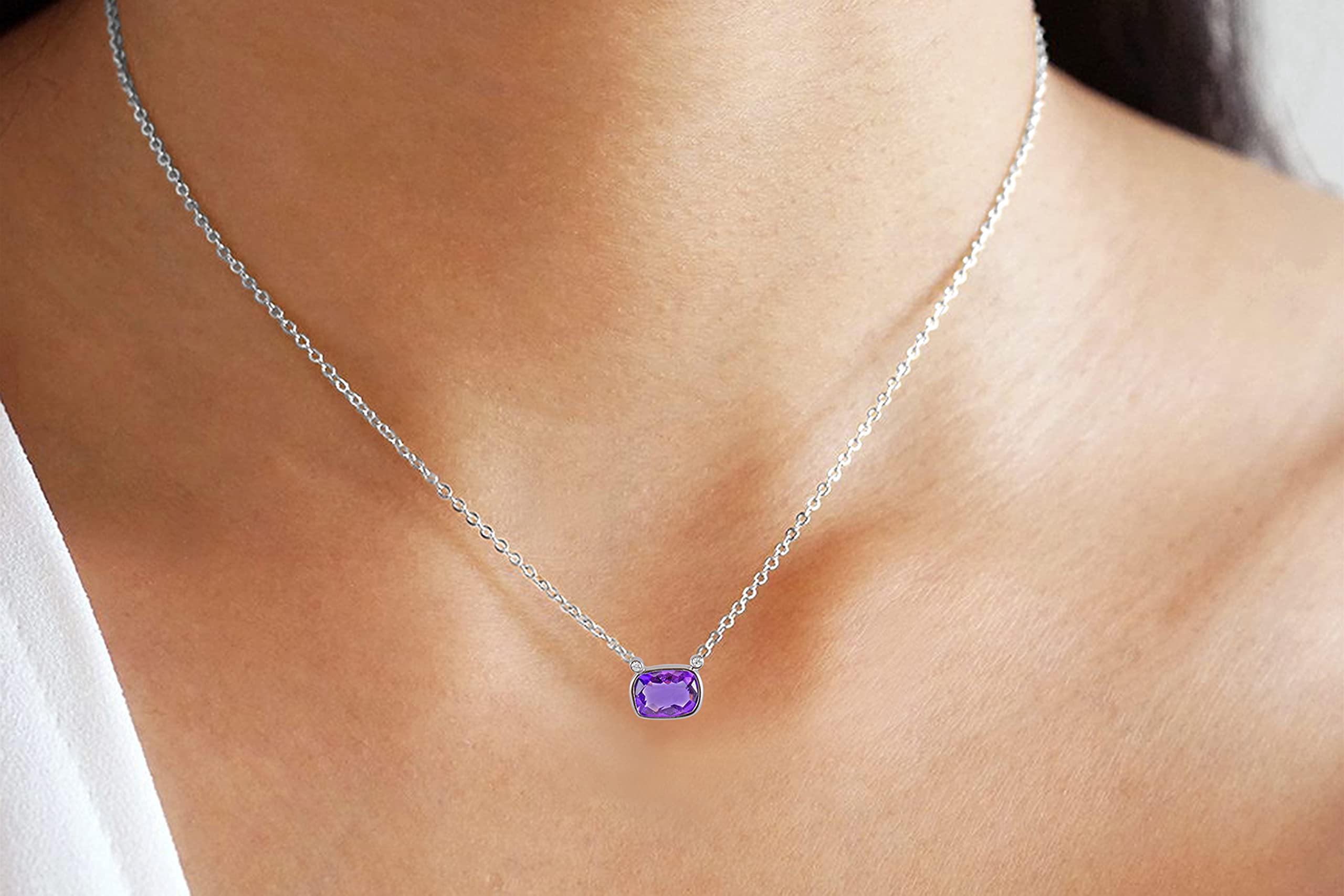 Mirahi Amethyst Cushion Cut Necklace, Solitaire February Birthstone Necklace, Tiny Diamond Necklace