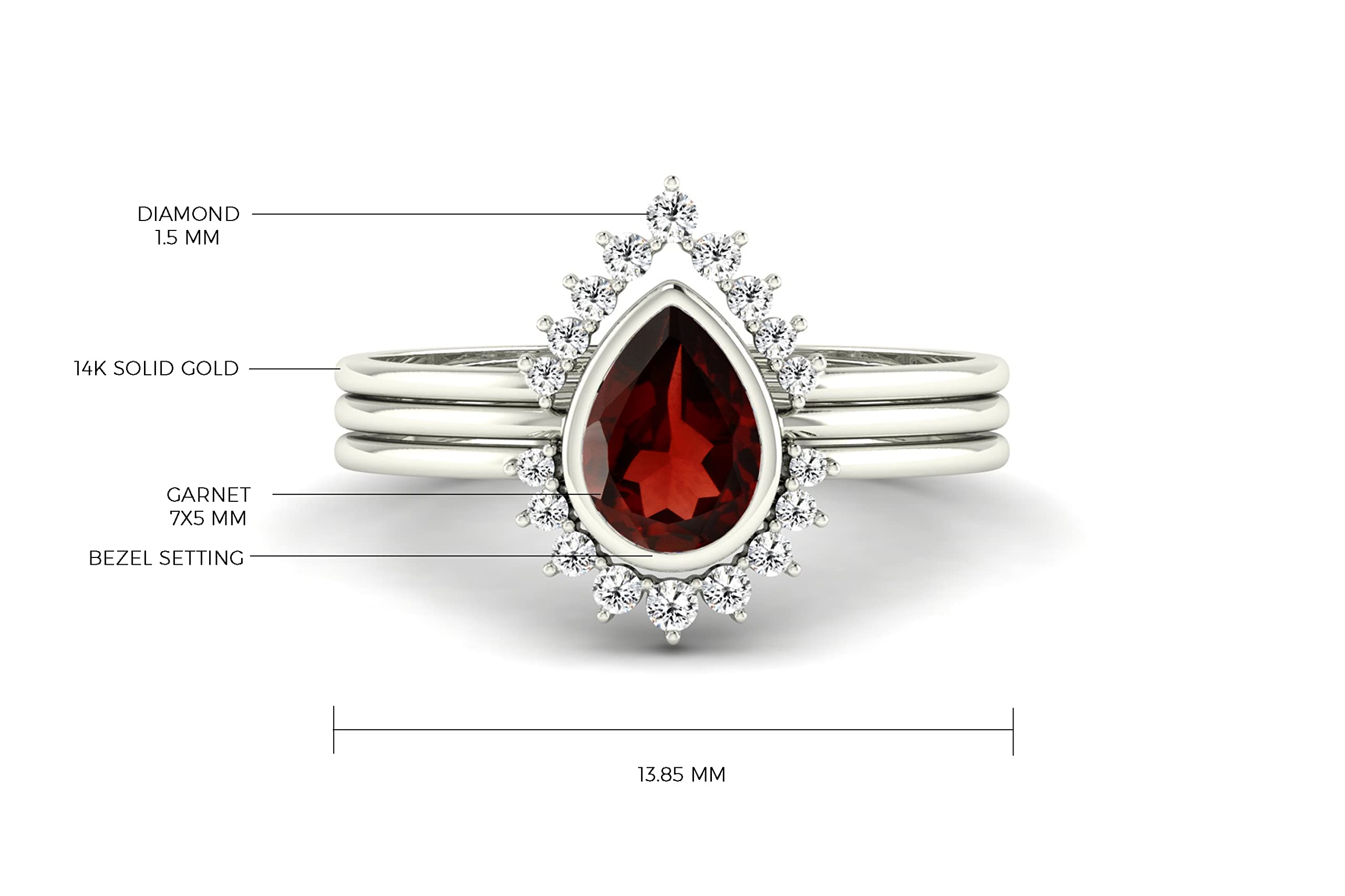mirahi by chordia jewels Diamond Stackable Ring 14K White Gold, Solitaire Teardrop Garnet Engagement Ring, Bridal Sets Wedding Rings with Ring Size 7.5