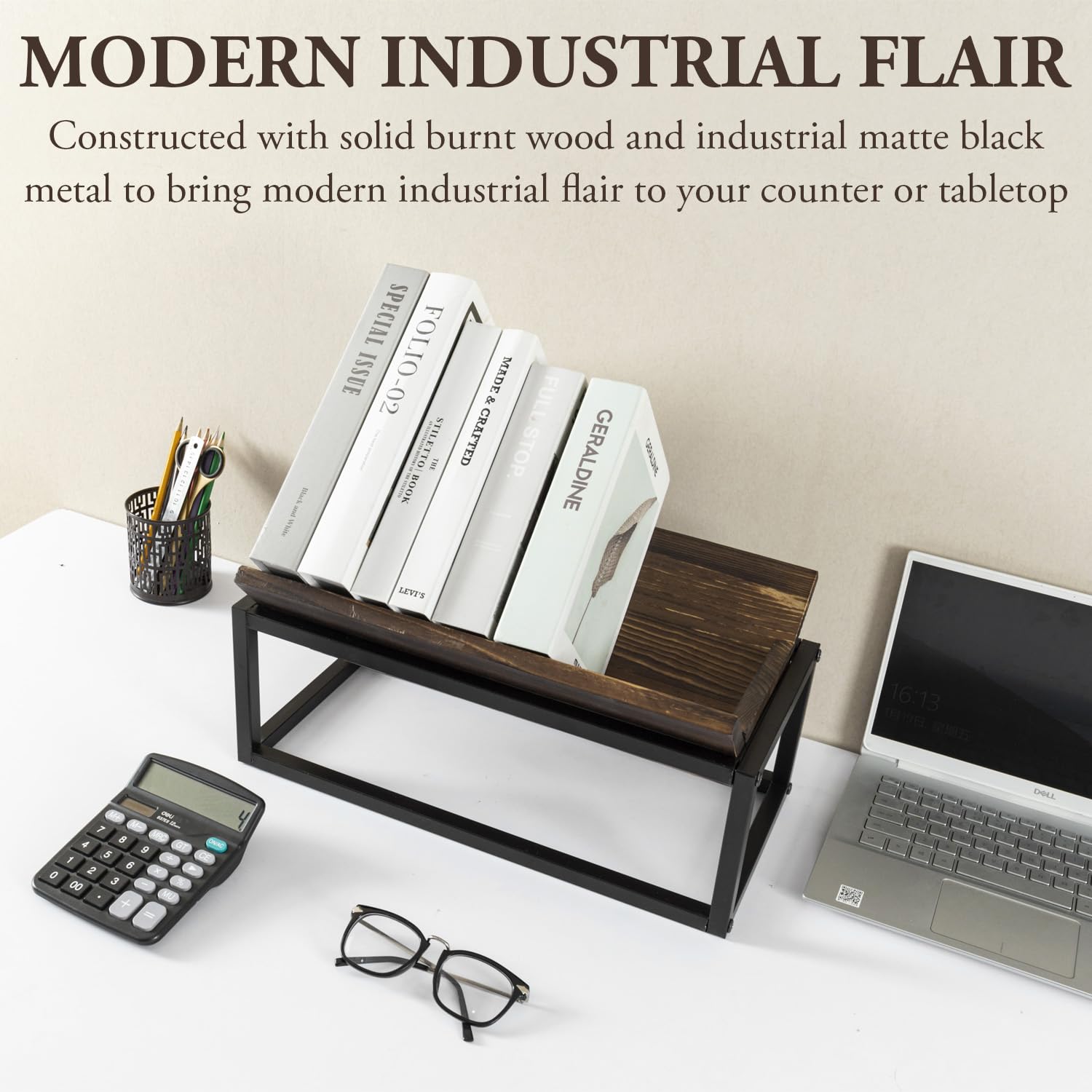 MyGift Rustic Burnt Solid Wood Tabletop Book Holder Rack with Industrial Black Metal Frame, Desktop Tilted Bookcase Reading Book Storage Organizer
