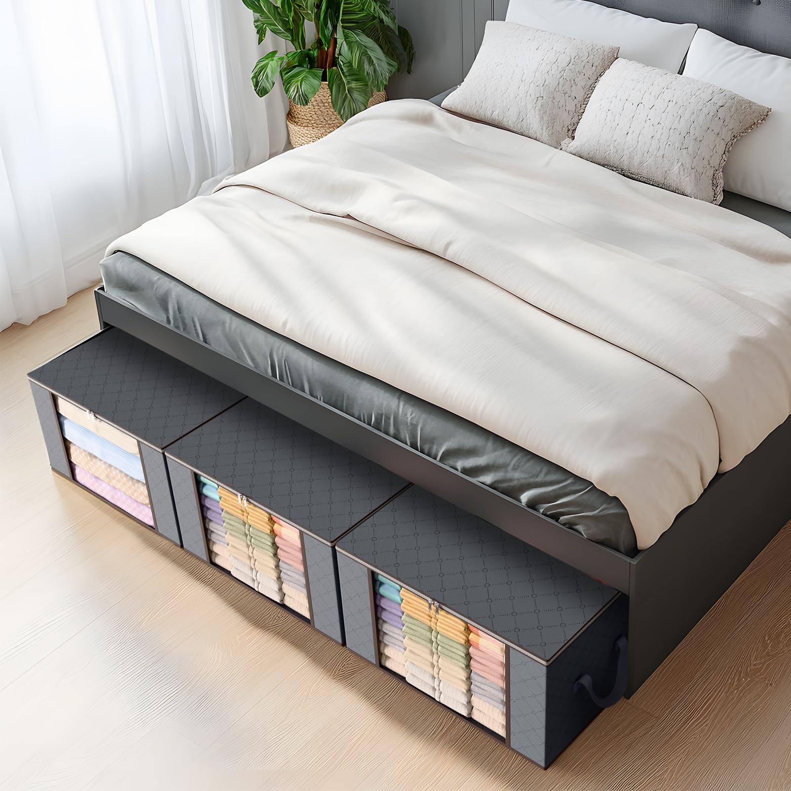 zhulimou Large storage bags.90L large capacity,3 Pack 90L storage and organization bag for Clothing, Towels,Blanket, Comforters, Bed Sheets,Grey