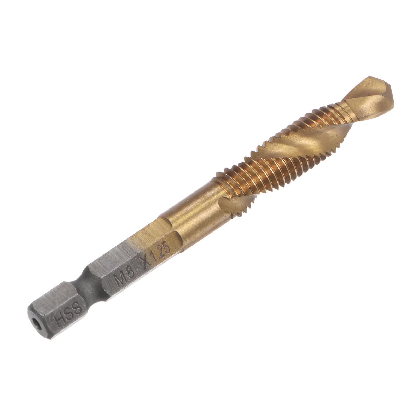 uxcell Combination Drill and Tap Bit, 1/4" Hex Shank M8 x 1.25 Metric Titanium Coated High Speed Steel 4341 Spiral Flute Drilling Tapping Tool Extra Long 2pcs