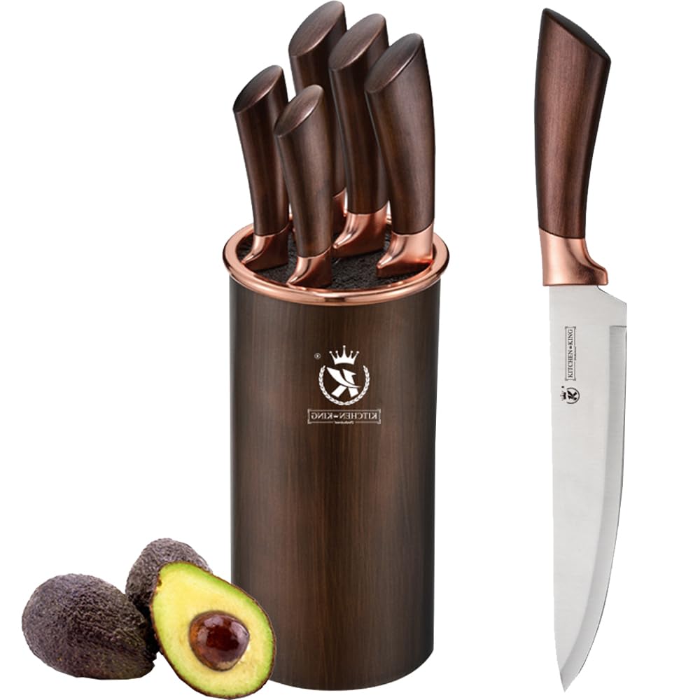 Knife Set with Block YF-TOW 6-Piece Kitchen Knife Sets Non-Stick Sharp Stainless Steel Kitchen Knives Comes with Freestanding Storage Block (Brown)