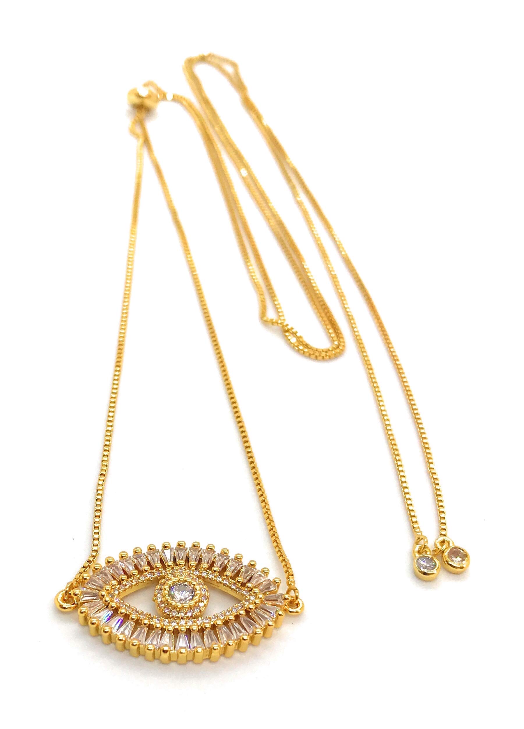 LESLIE BOULES Gold Evil Eye Lariat Necklace for Women 18K Gold Plated Sliding Adjustable Chain Choker Jewelry