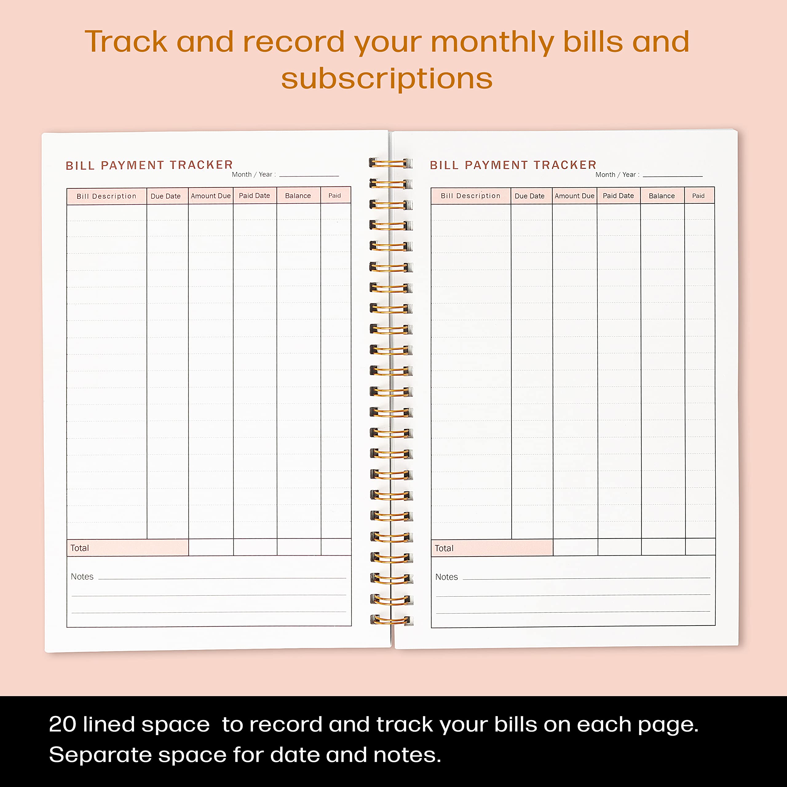 Miru Bill Payment Tracker. A5 Notebook Bill Planner with Spiral Binding and Back Pocket – Home Finance & Monthly Bill Payment Organizer, Logbook