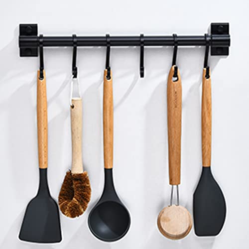 YEAPA Kitchen Utensil Rack with Hooks Utensil Rail No Drilling Pot Pan Rack Wall Mounted Adhesive Black Space Aluminum for Cooking Accessories Kitchen Utensils,50cm (Size : 40cm)