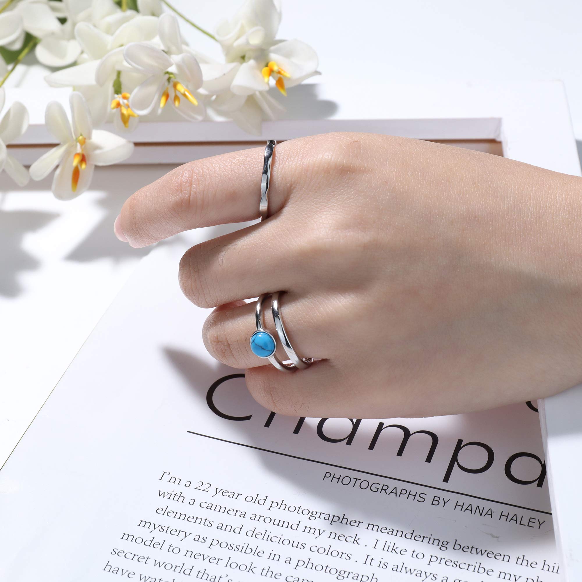 MILACOLATO 3Pcs 925 Sterling Silver Turquoise Hammered Band Stackable Ring Set for Women Platinum Plating Smooth Fashion Midi Rings Comfort Fit Size 5 to 9, 7