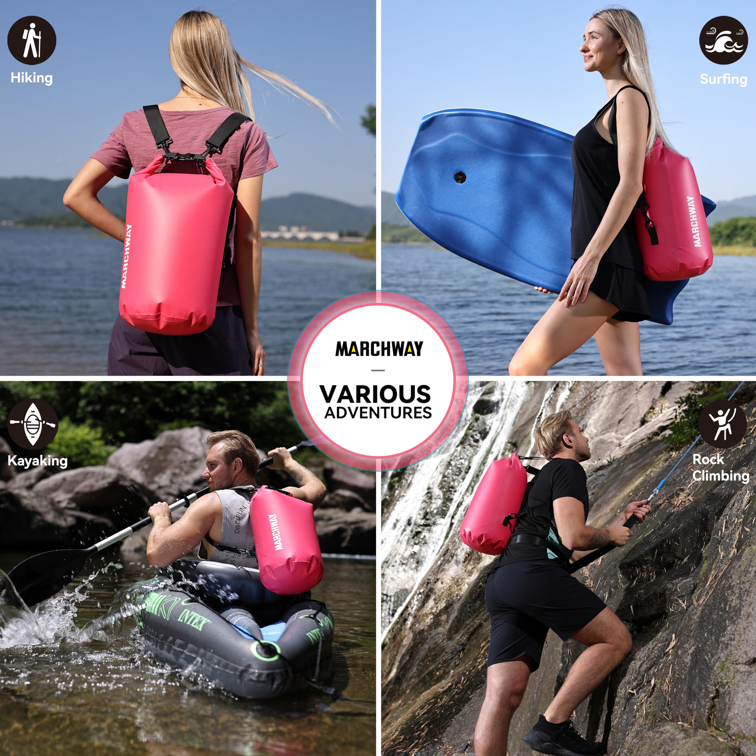 MARCHWAY Floating Waterproof Dry Bag Backpack 5L/10L/20L/30L/40L, Roll Top Sack Keeps Gear Dry for Kayaking, Rafting, Boating, Swimming, Camping, Hiking, Beach, Fishing (Pink, 20L)