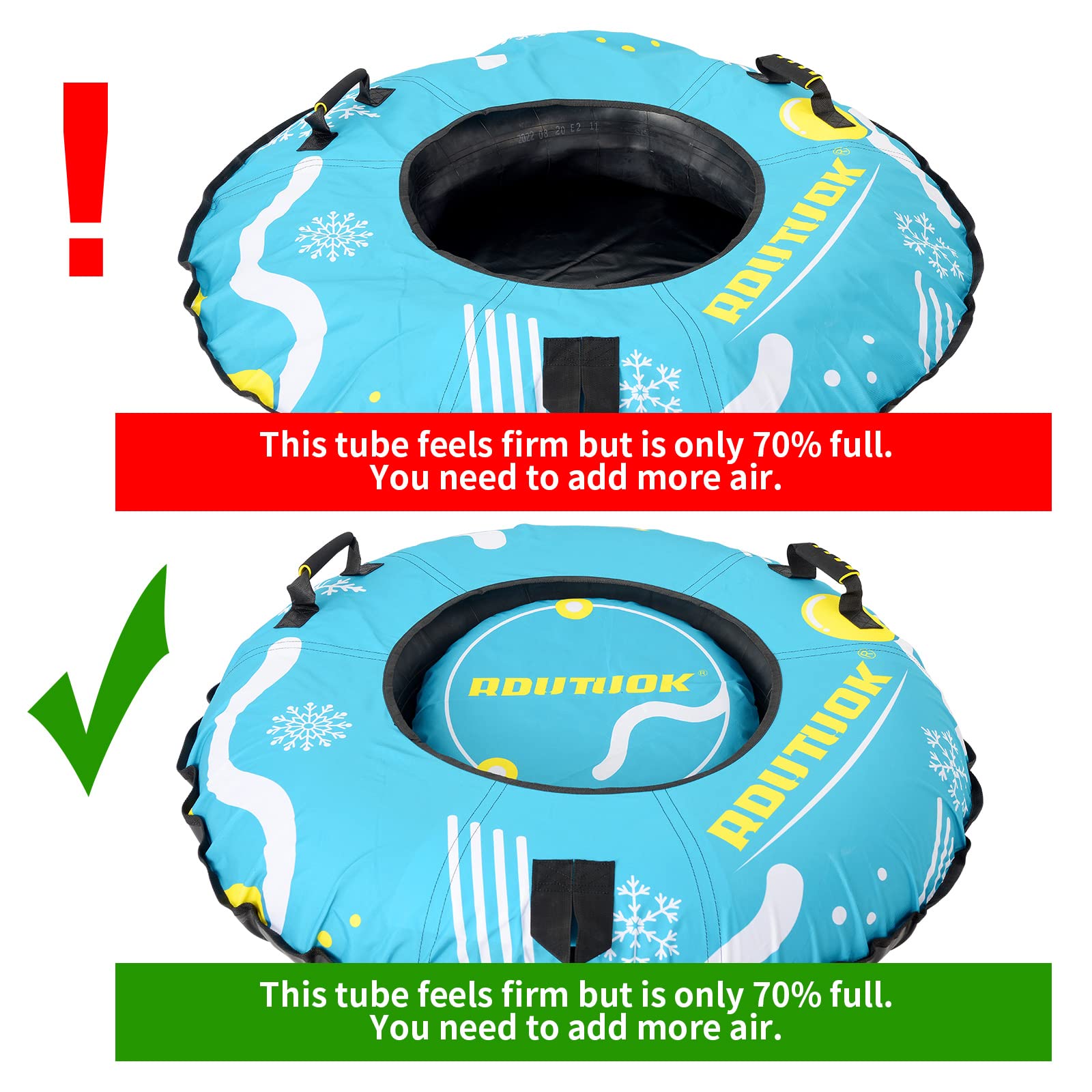 Rdutuok 47 Inch Inflatable Heavy Duty Snow Tube with Premium Canvas Cover and Nylon Tow Strap Safety Cushion Snow Tubes for Sledding