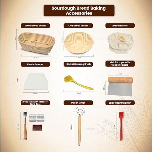 Set of 2 Banneton Bread Proofing Basket 9β Round, 10β Oval with Maximum 9 Bread Making Tools and Supplies by SMILLWALA Proofing Baskets for Sourdough Bread Baking Supplies Kit (Oval and Round)