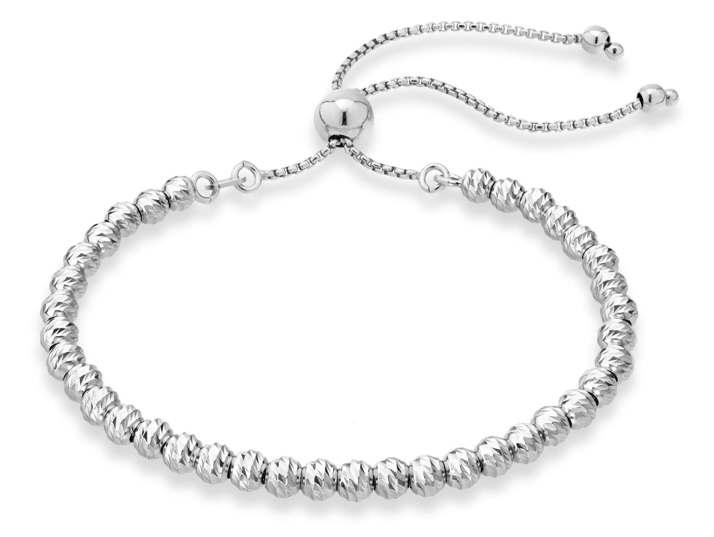 Miabella 925 Sterling Silver or Yellow Gold Over Silver Diamond-Cut Adjustable Bolo 4mm Bead Bracelet for Women, Handmade Italian Beaded Ball Chain Bracelet (sterling silver)