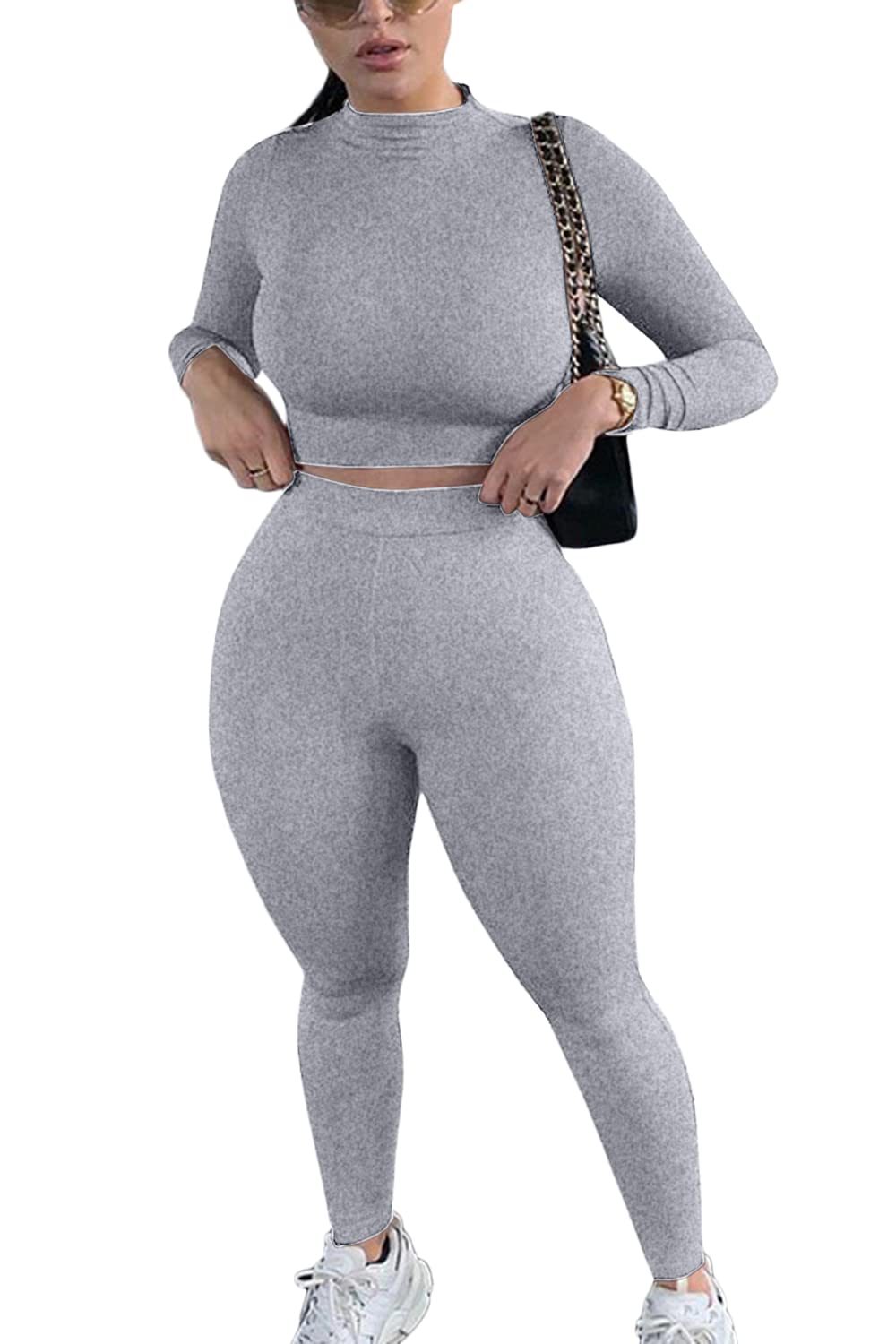 Mulisky 2 Piece Outfits for Women Long Sleeve Crop Top Sweatsuit Tracksuit Long Pants Set Sports Jumpsuit Grey L