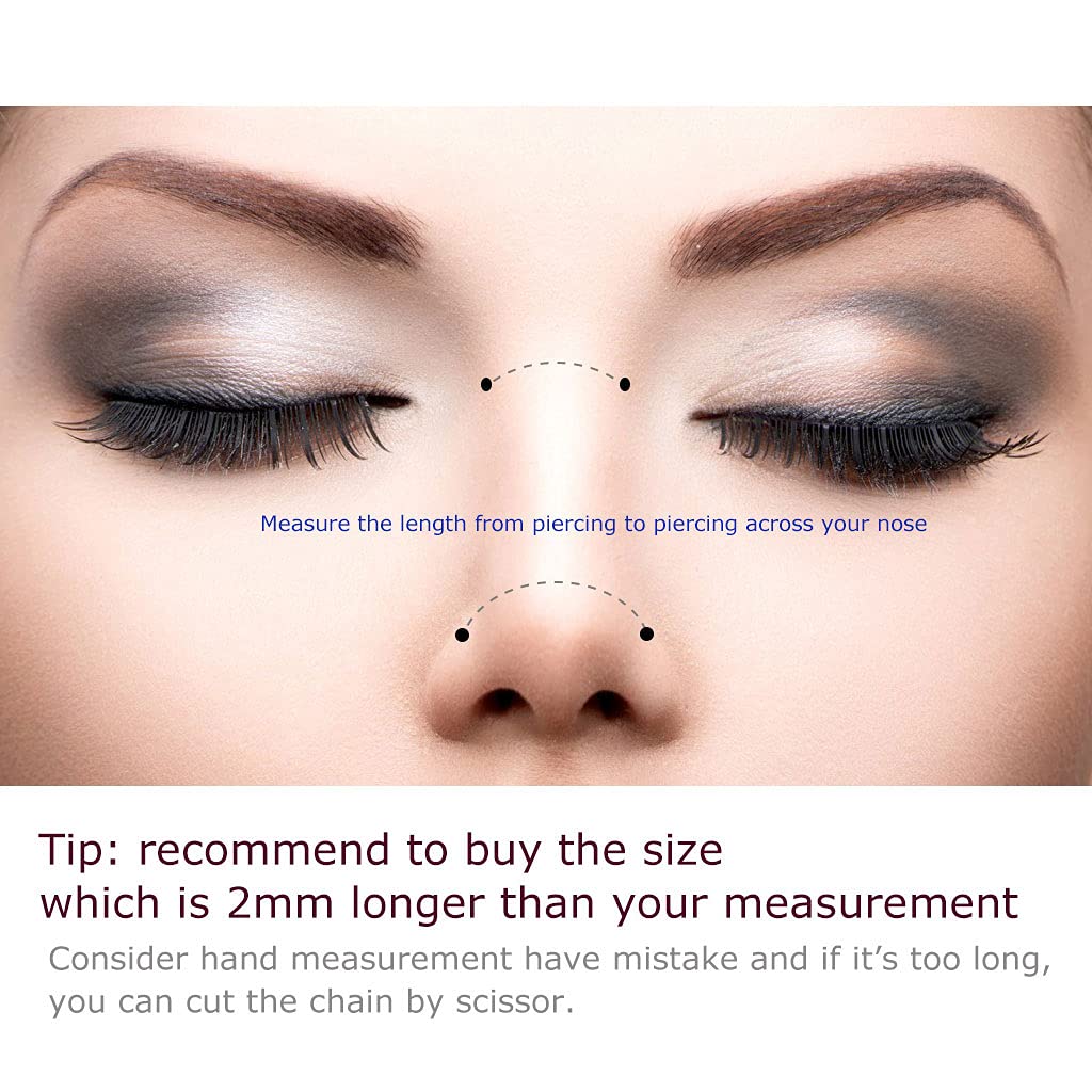 RAMUS KATEN 925 Sterling Silver Plated Nostril Jewelry Set β 3mm Nose Bone Rhinestone Studs and 6pcs Chain 4.0cm