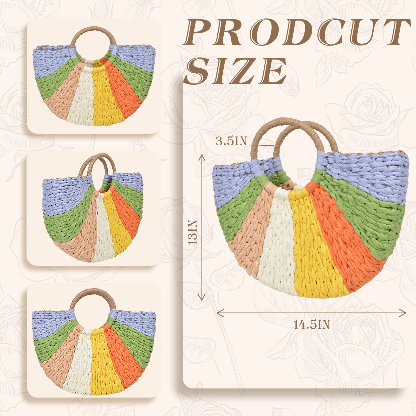 QZUnique Straw Handbags Rainbow Stitching Top Handle Tote Women's Summer Beach Natural Casual Satchel Shoulder Bag