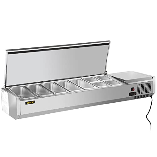 VEVOR Refrigerated Condiment Prep Station, 71-Inch, 19.8Qt Sandwich/Salad Prep Table with 5 1/3 Pans & 4 1/6 Pans, 150W Salad Bar with 304 Stainless Body and Cover Temp Adjuster One-Click Defrosting