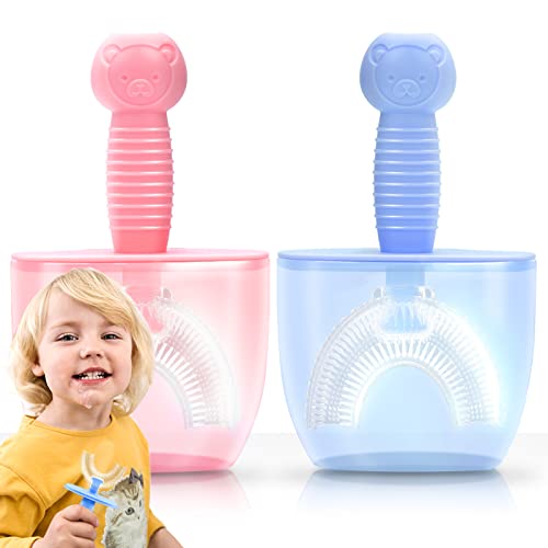 YOGINGO 2 Pack U Shaped Toothbrush Kids - Kids Toothbrushes with Food Grade Soft Silicone Brush Head, U-Type 360° Oral Cleaning Toothbrush with Cover Case, Toddler Toothbrush Age 2-6