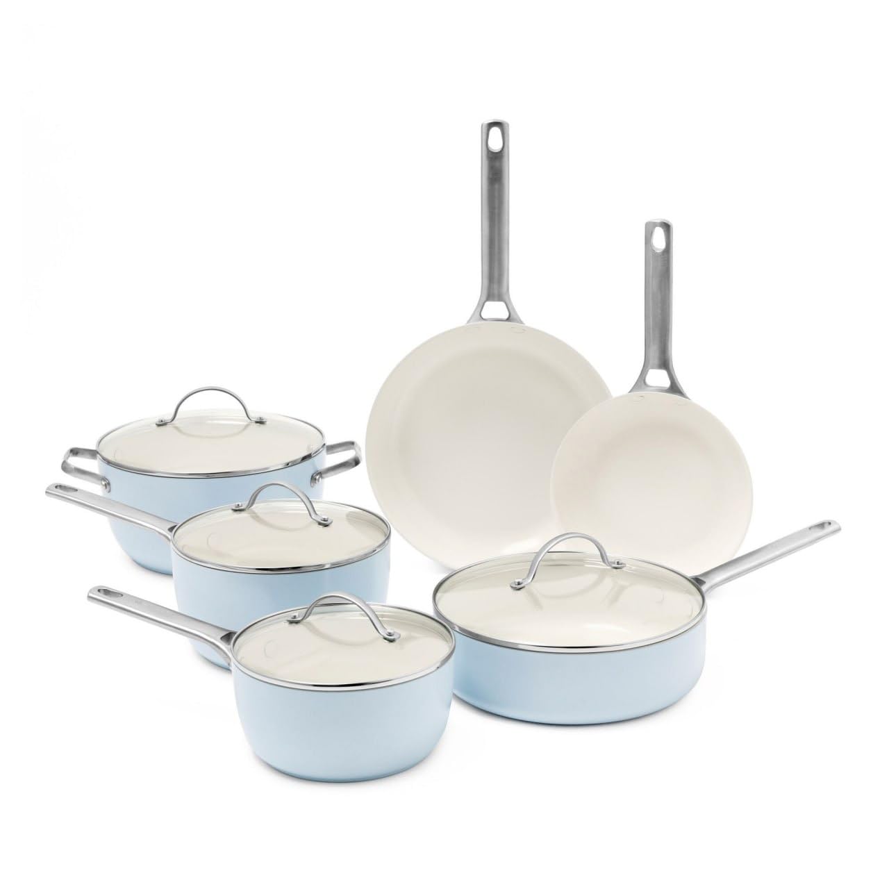 Light Blue 10 Piece Nonstick Ceramic Cookware Set, Cookware Pots and Pans Set with Lids, Frying Pan Skillet Set with Stainless Steel Handle, Dishwasher Safe